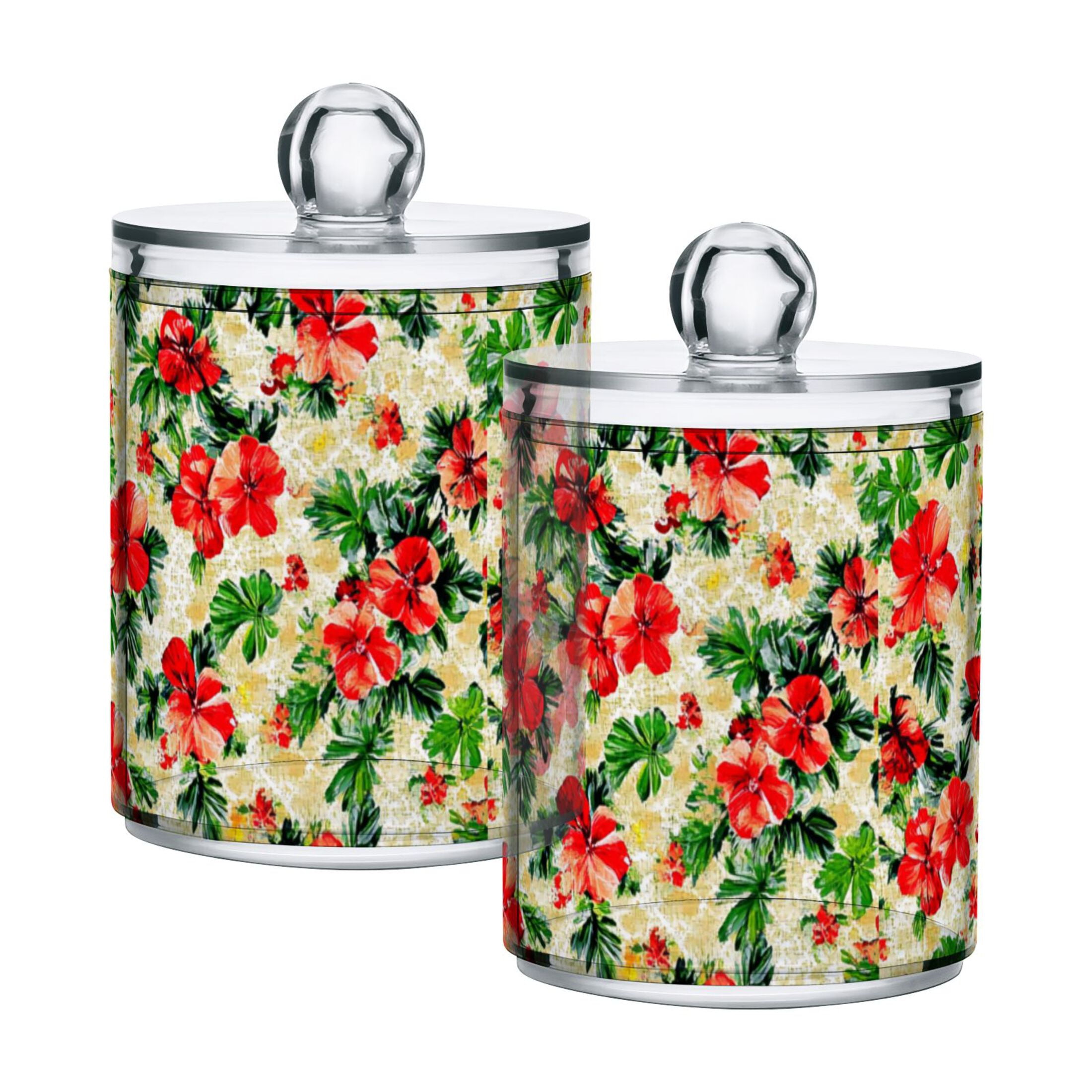 Red Flower and Leaf Print Cotton Swabs Cans Translucent Plastic ...