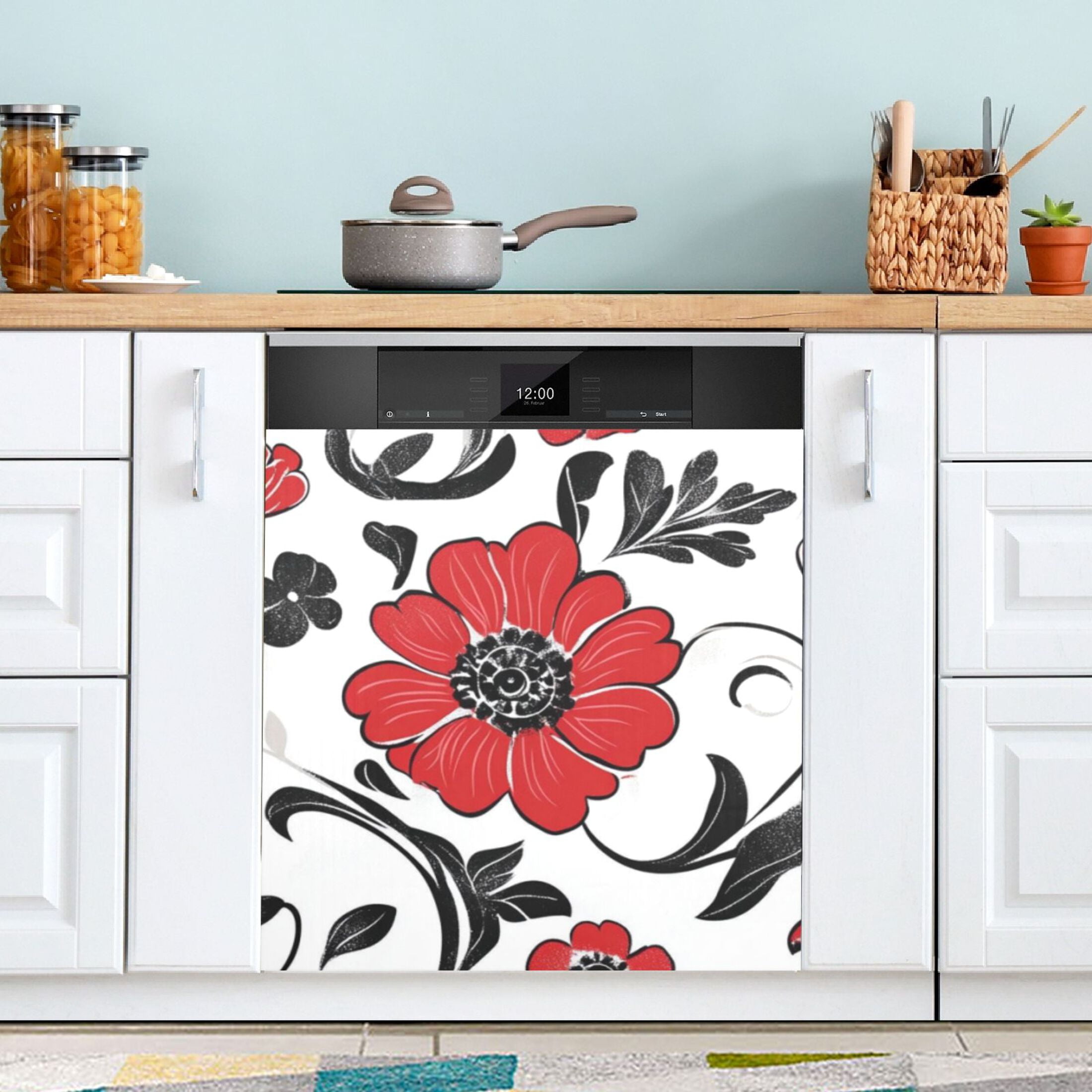 Red Flowers Black Leaves Dishwasher Magnet Refrigerator Magnetic Cover ...