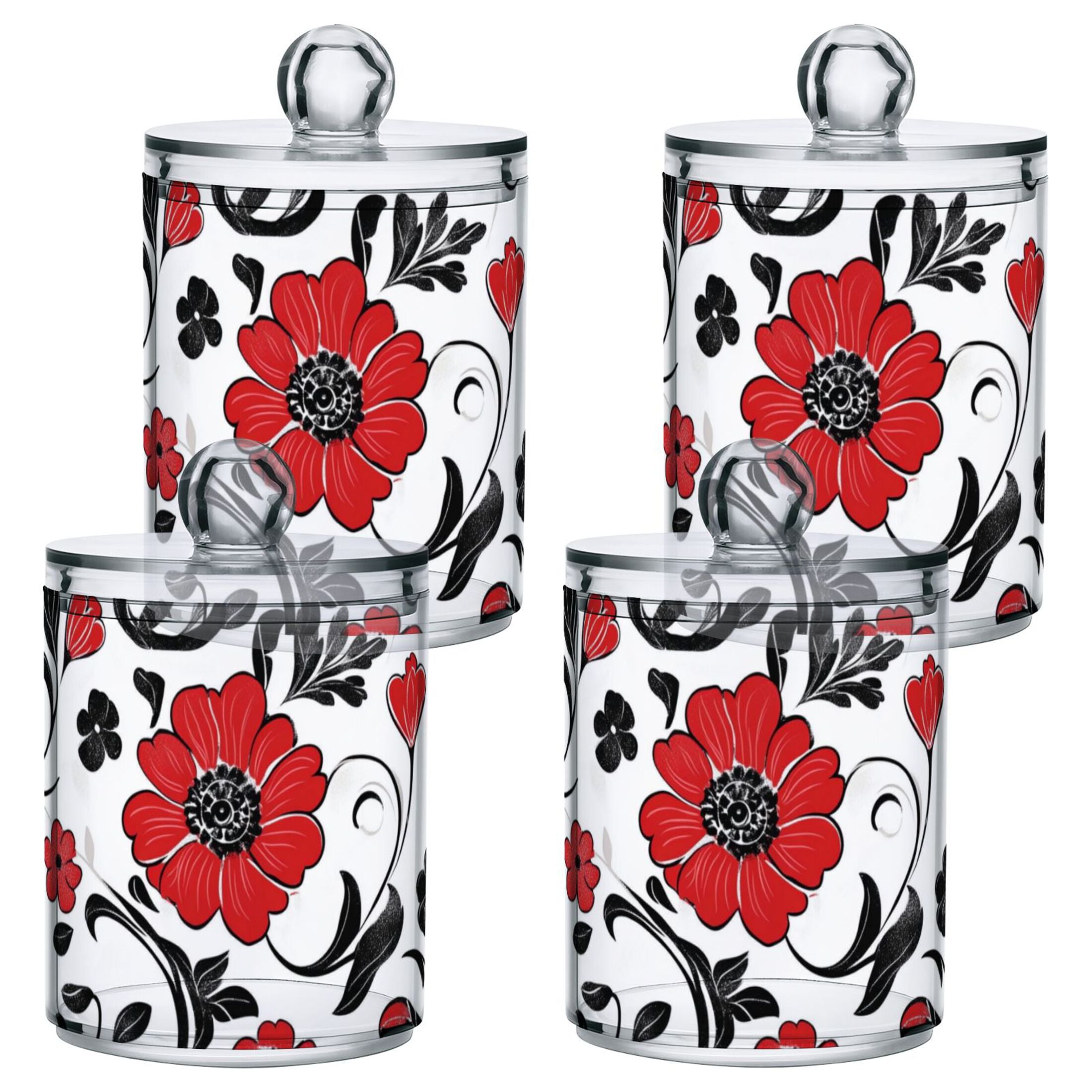 Red Flowers Black Leaves Translucent Plastic Cans Storage Canisters ...