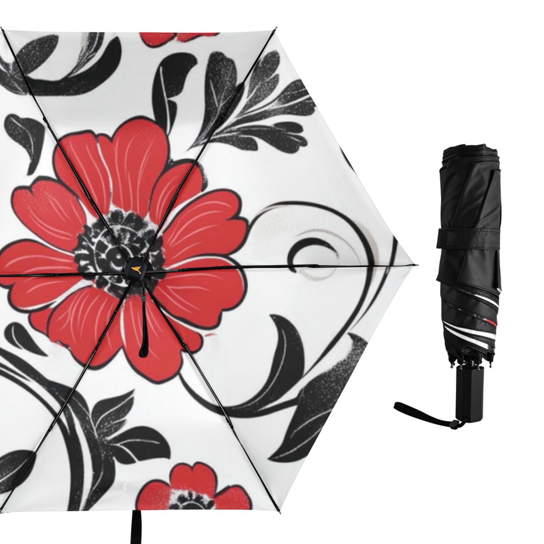 Red Flowers Black Leaves Triple Folding Umbrella Parasol 6 Ribs UV ...