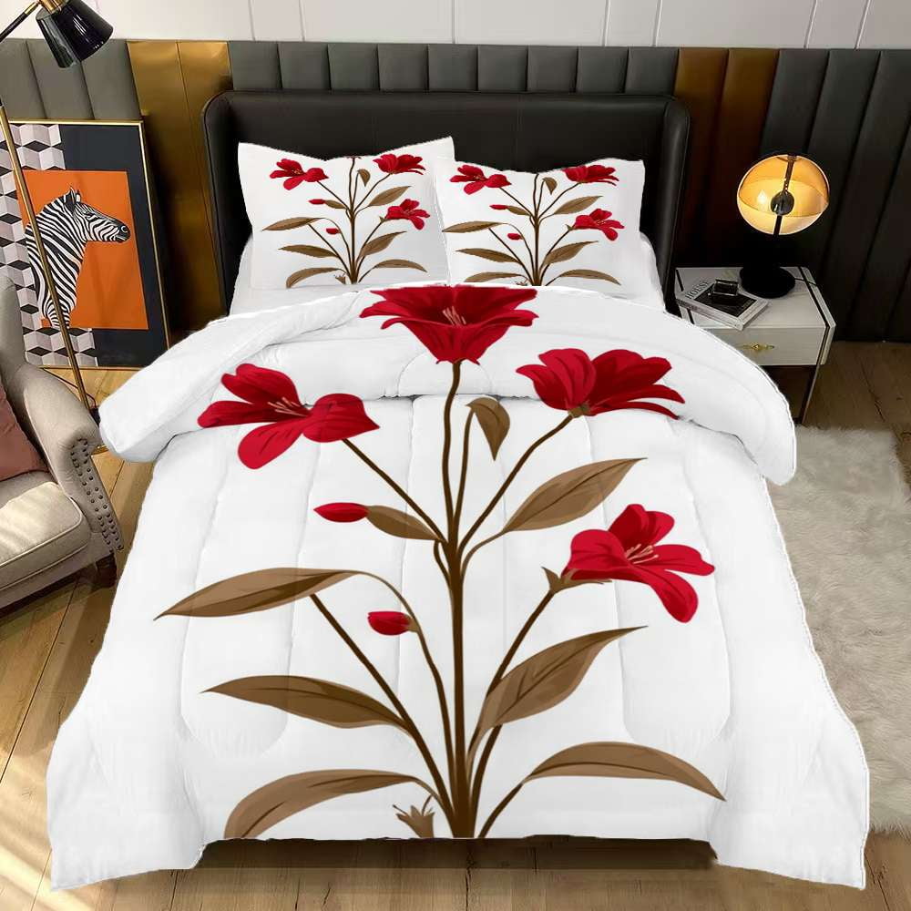 Red Flowers Elegant Floral Design Comforter Set Twin Size Bedding Set ...