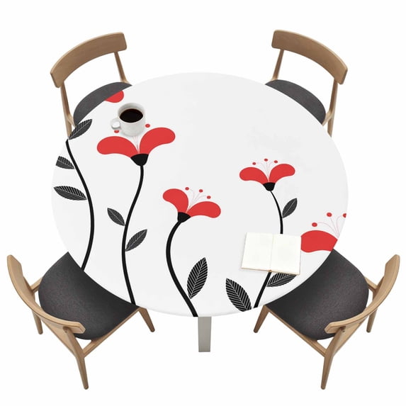Red Flowers Fitted Tablecloth with Elastic Edged, Round Table Cloth for ...