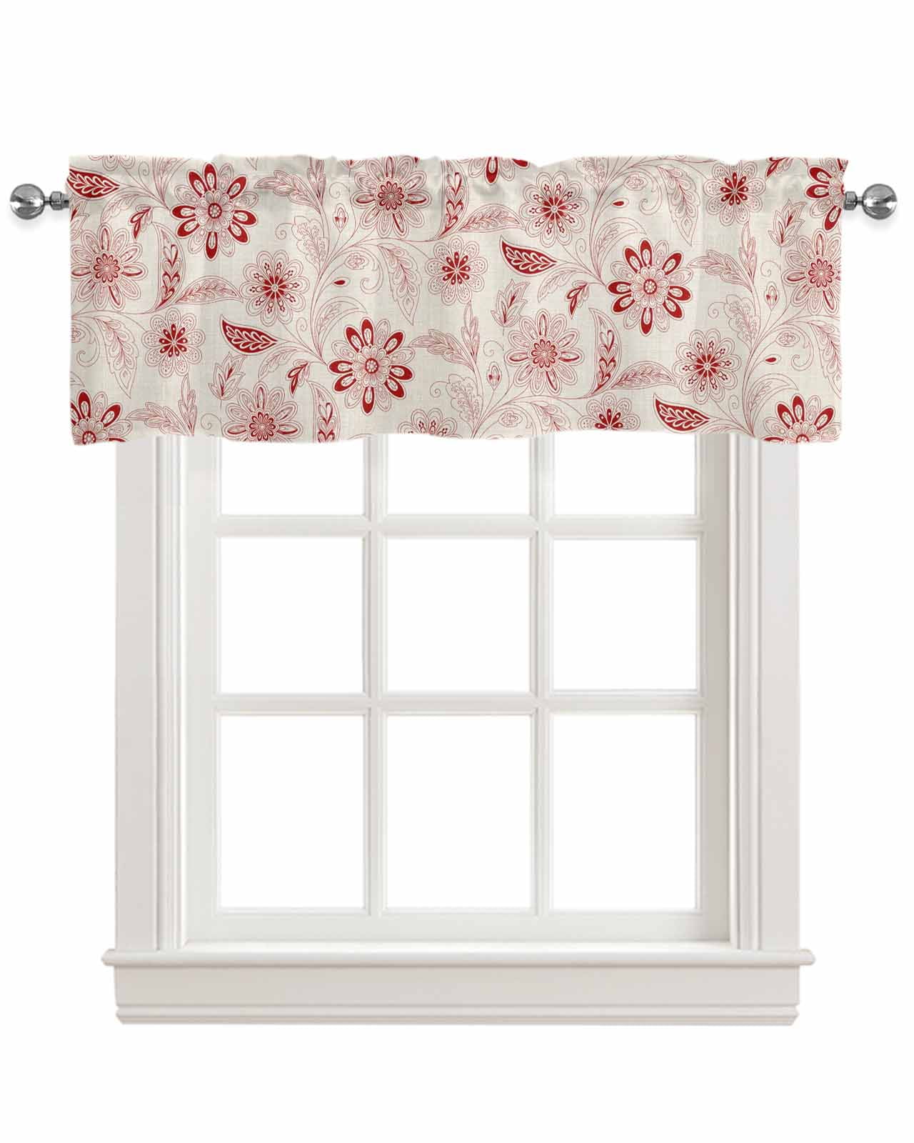 Red Flowers Kitchen Valances for Windows Farmhouse Linen Window Valance ...