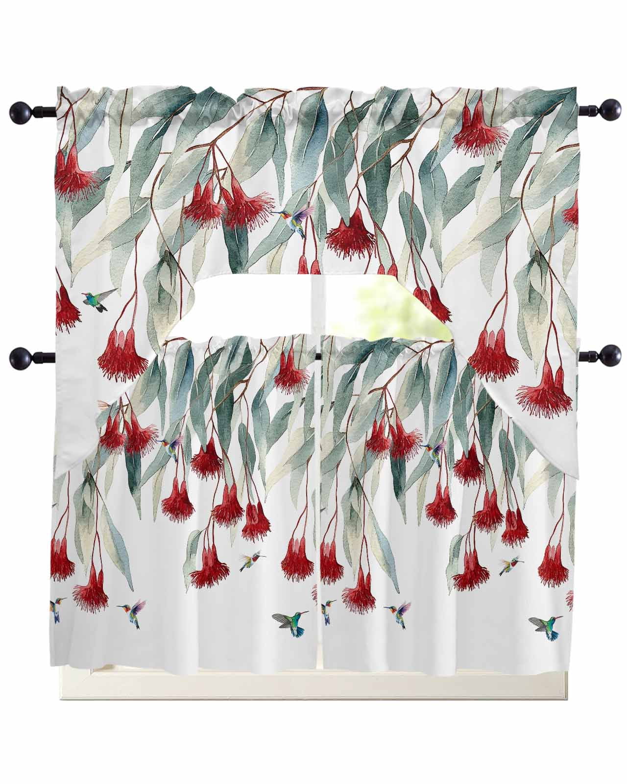 Red Flowers Leaves Kitchen Curtains Sets 36 Inch Length with Valance ...