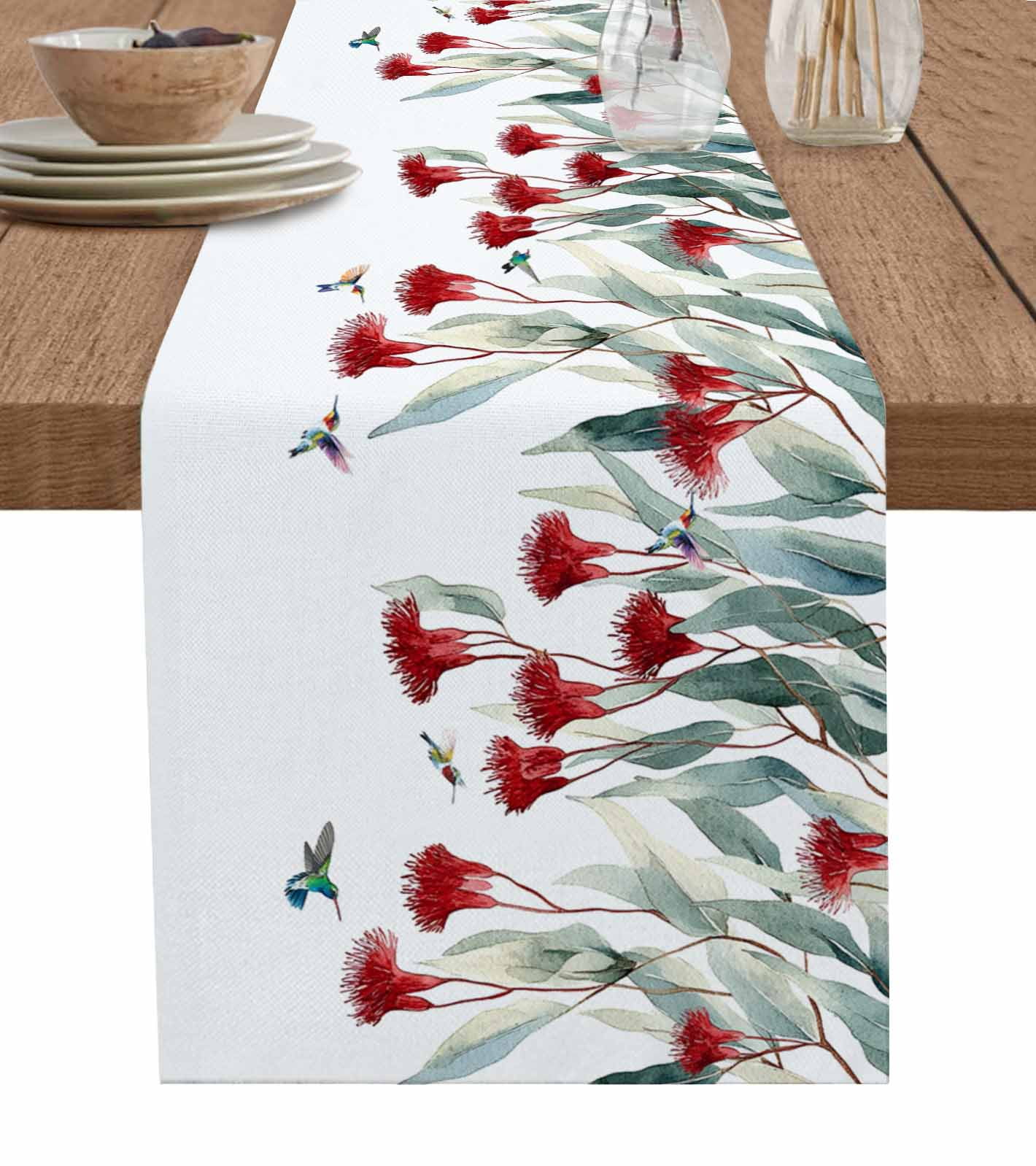 Red Flowers Leaves Table Runner 72 Inches, Spring Pastoral Birds ...