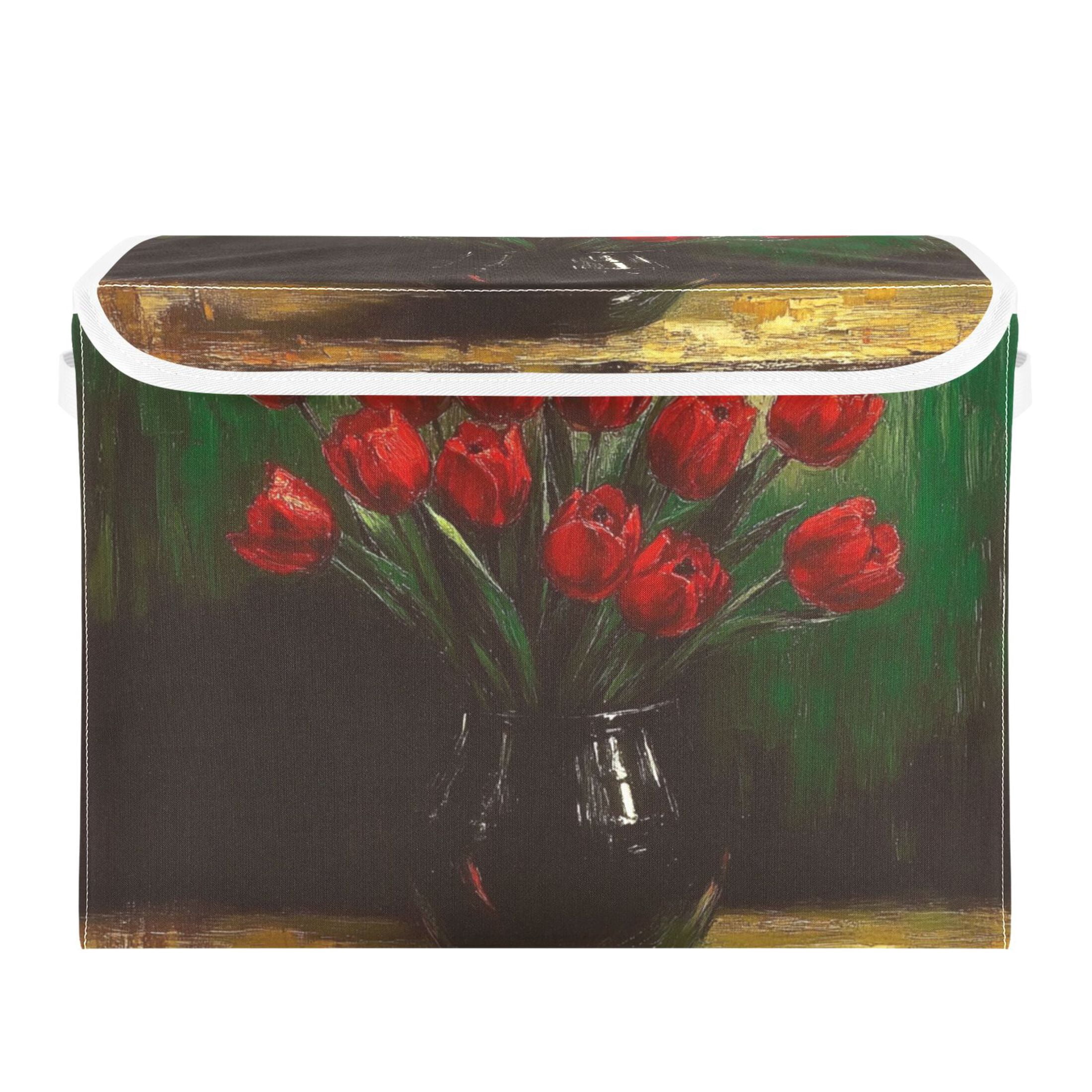 Red Flowers Oil Painting Large Storage Bins with Linen Collapsible Lid ...