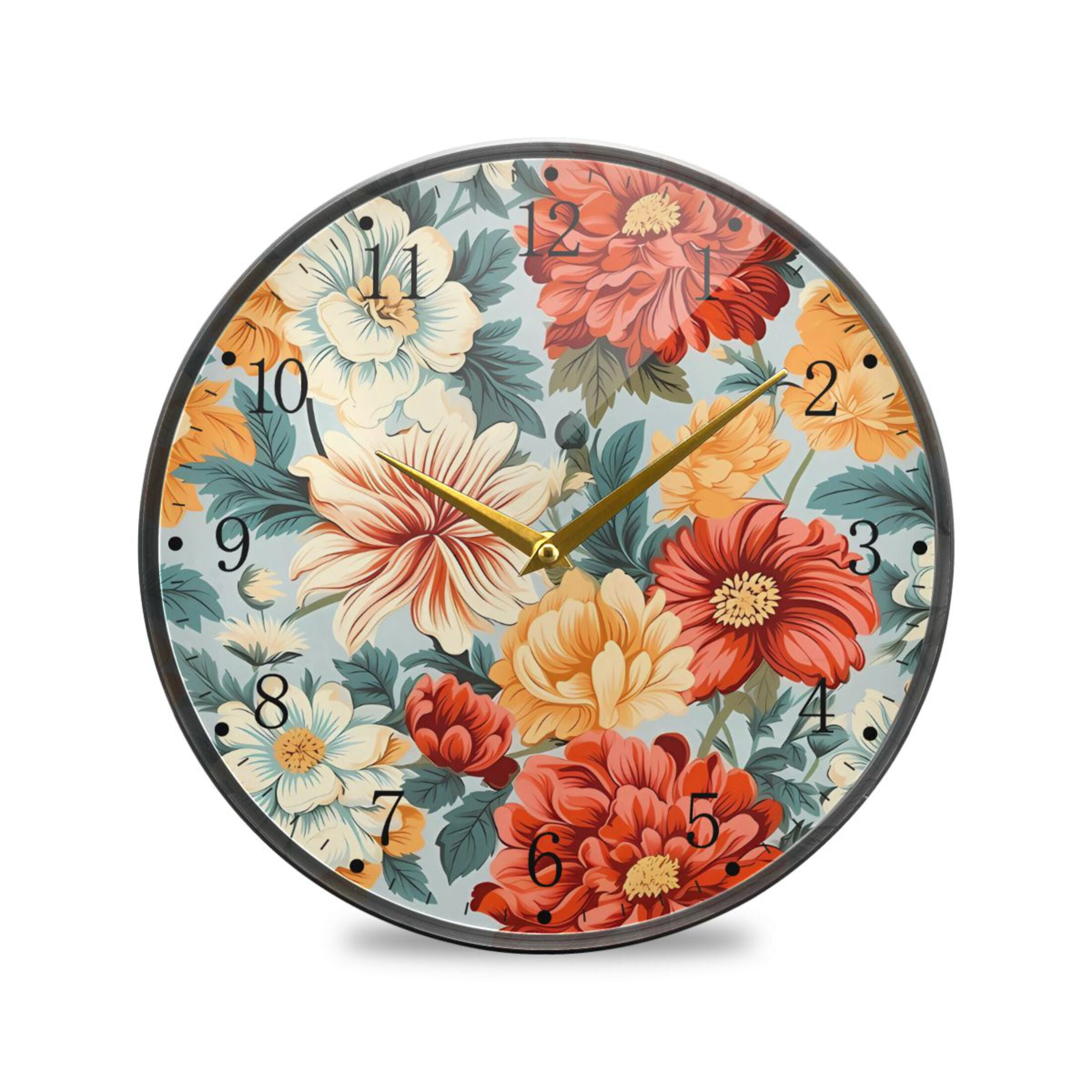 Red Flowers Orange Acrylic Wall Clocks Quiet Round Clock Battery ...