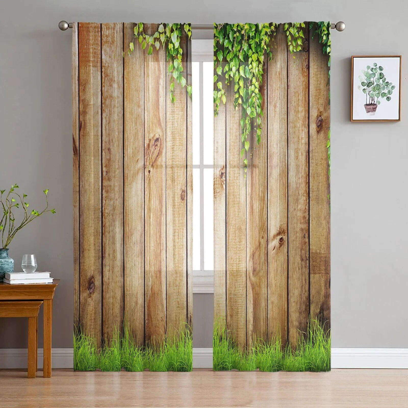 Red Flowers Planks Leaves Plant Chiffon Sheer Curtains for Living Room ...