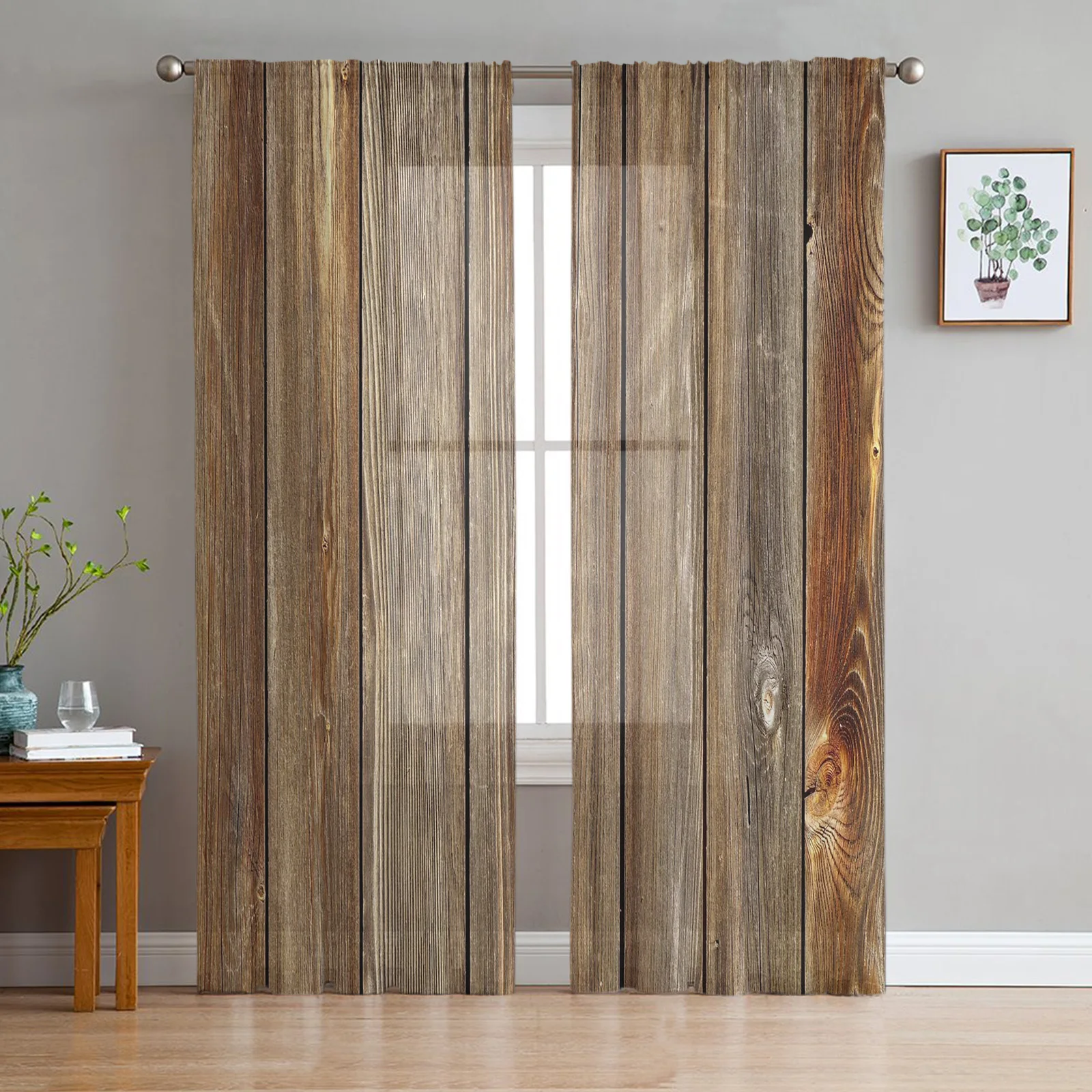 Red Flowers Planks Leaves Plant Chiffon Sheer Curtains for Living Room ...