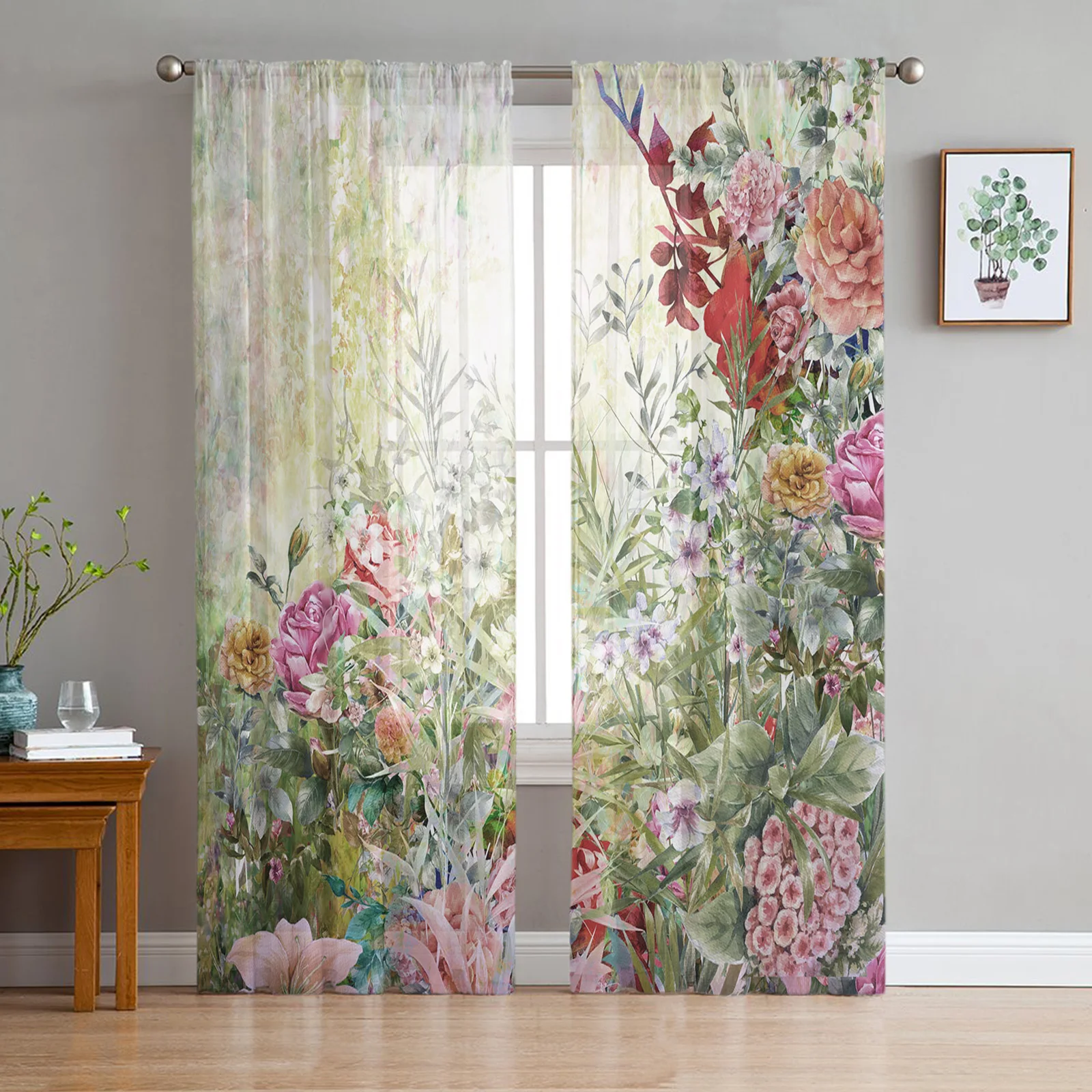 Red Flowers Planks Leaves Plant Chiffon Sheer Curtains for Living Room ...