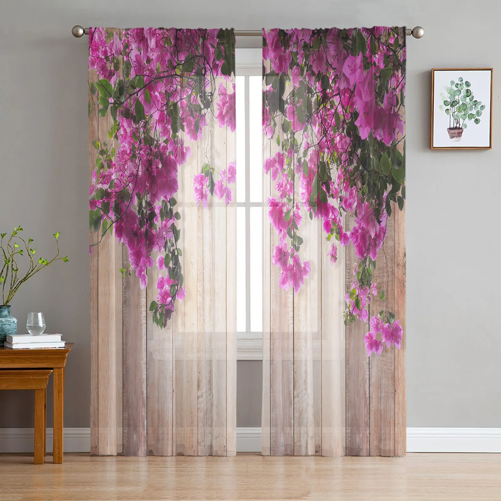 Red Flowers Planks Leaves Plant Tulle Sheer Curtains for Living Room ration Window Curtain for ...