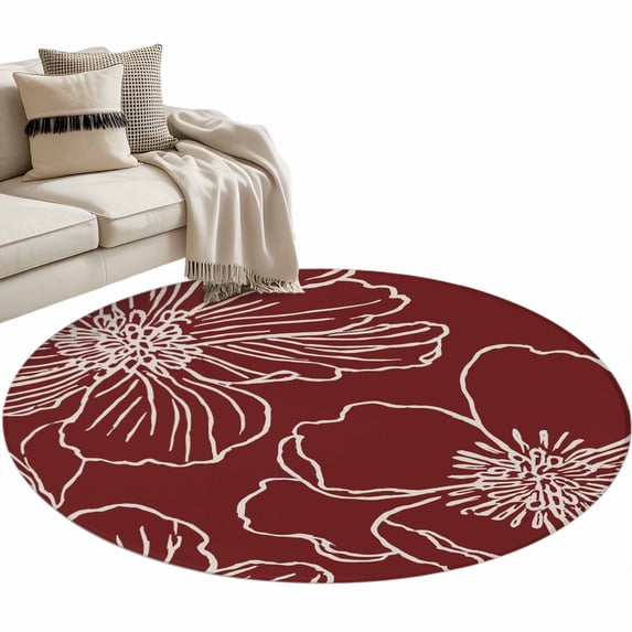 Red Flowers Round Area Rugs Collection 3', Spring Floral Botanical ...