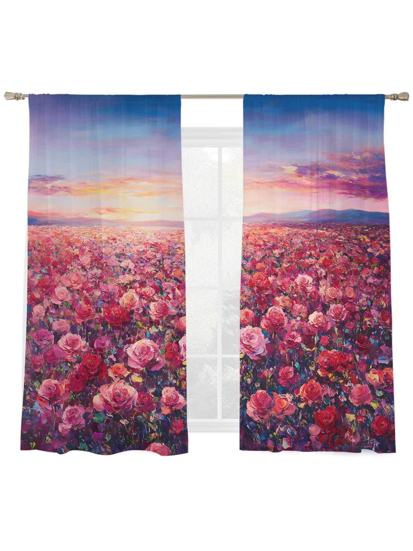 Red Flowers Sheer Curtains 72 Inch Long 2 Panels, Spring Oil Painting ...