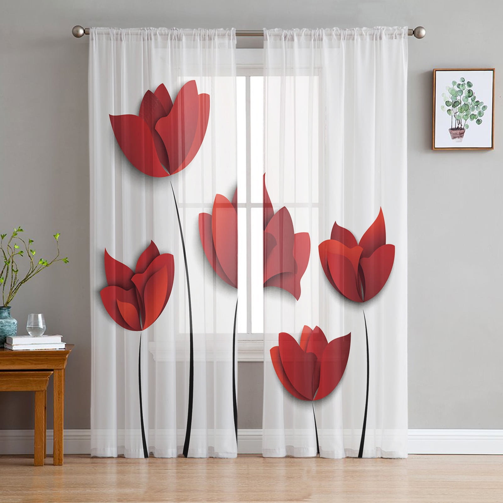 Red Flowers Sticker Sheer Curtain for Living Room Voile for Window ...