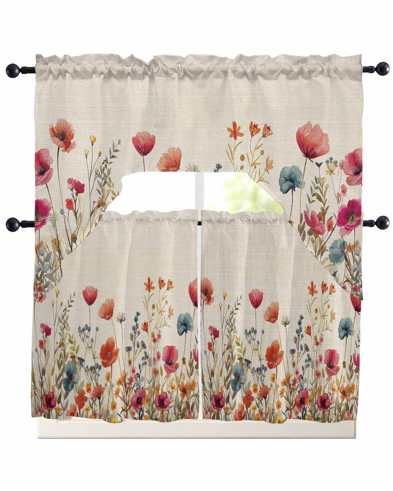 Red Flowers Swag Valance and Tier Curtains Set Plants Watercolor Floral ...
