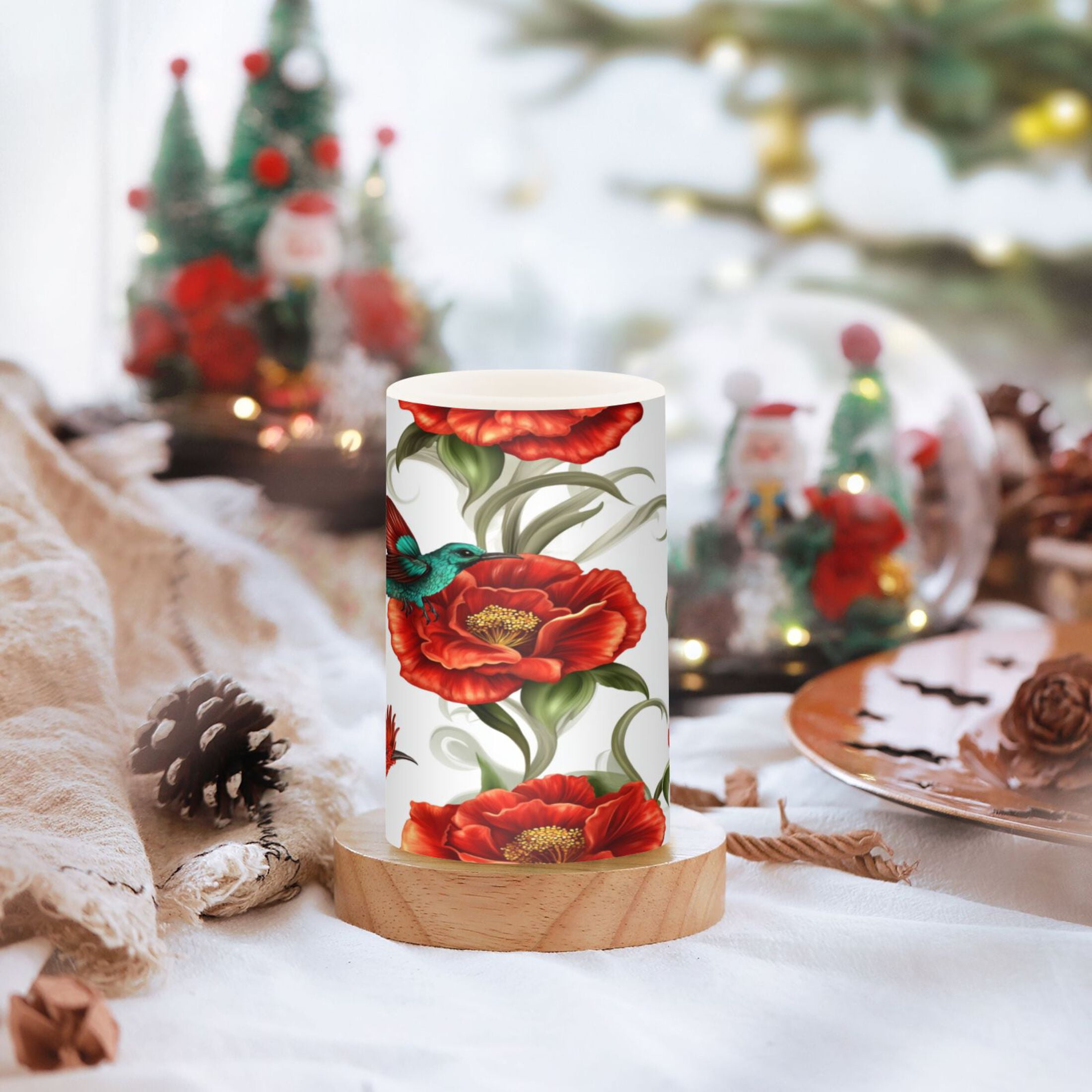 Red Flowers and Birds Set of 2 Flameless LED Candles Remote and Timer ...