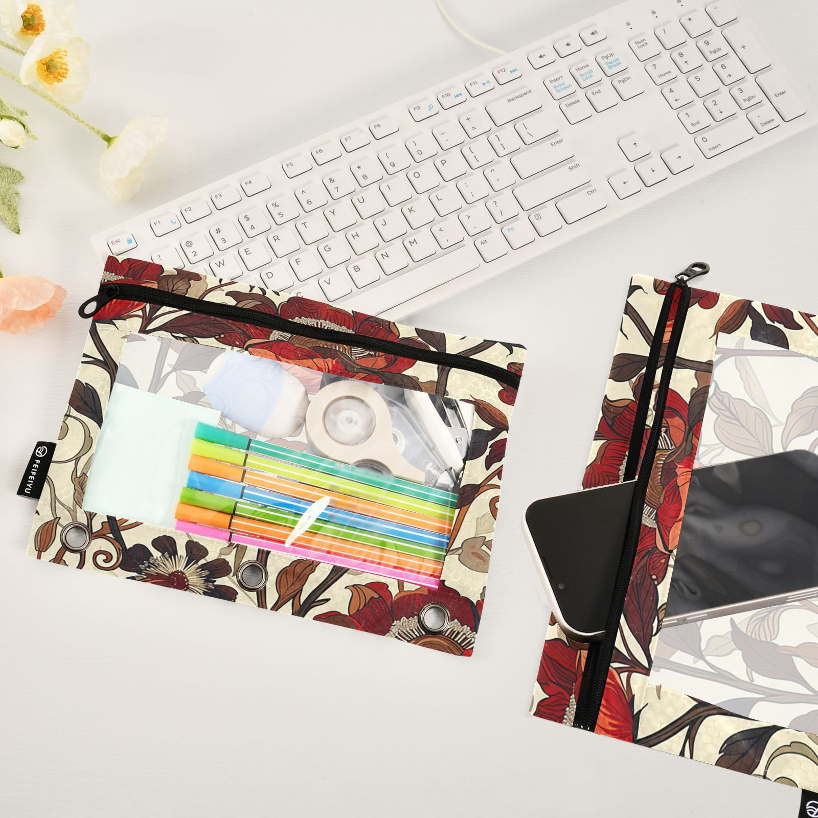 Red Flowers and Leaves 2 Pack Pencil Pouches Zipper Pencil Case 3 Ring ...