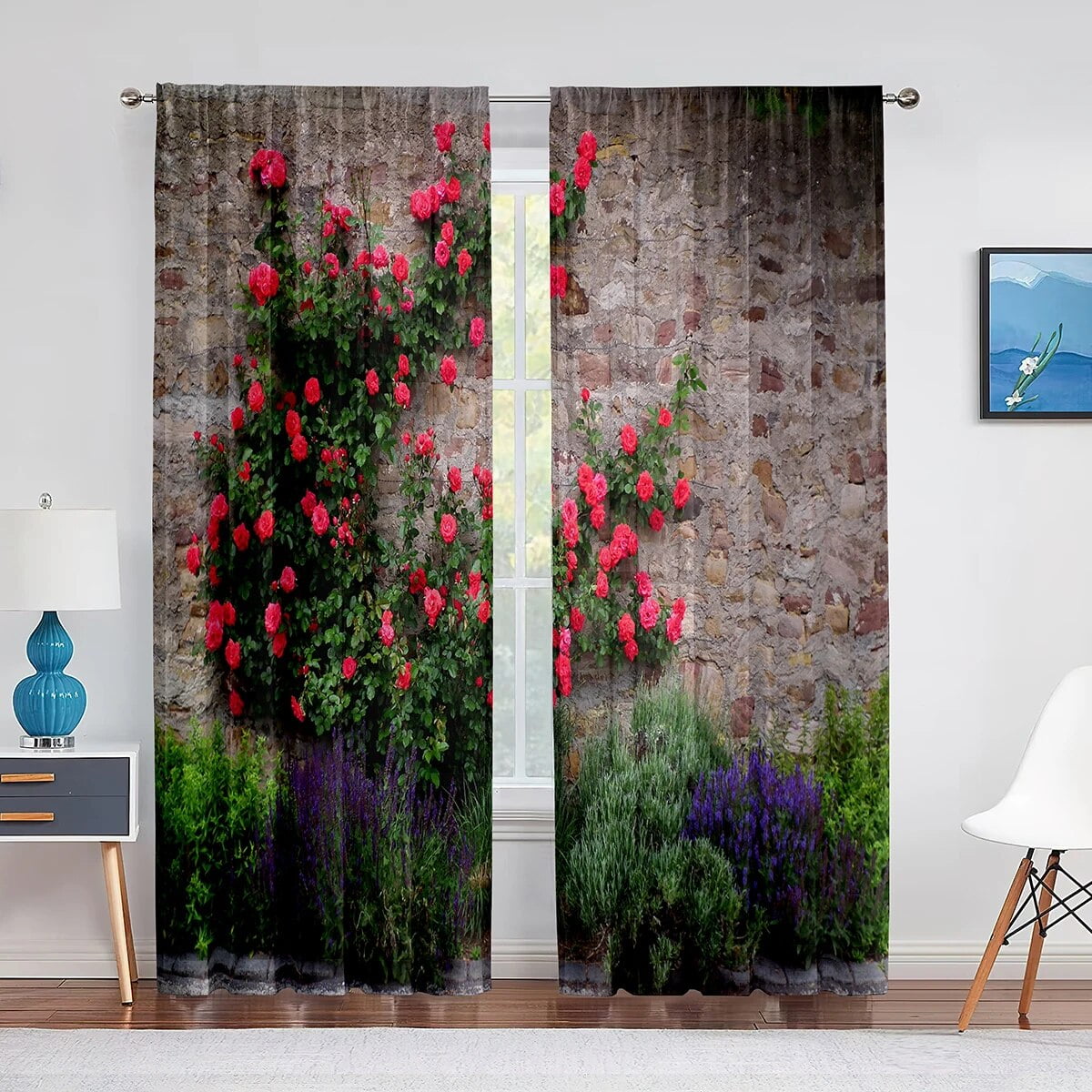 Red Flowers on Country Wooden Window Tulle Curtains for Living Room ...