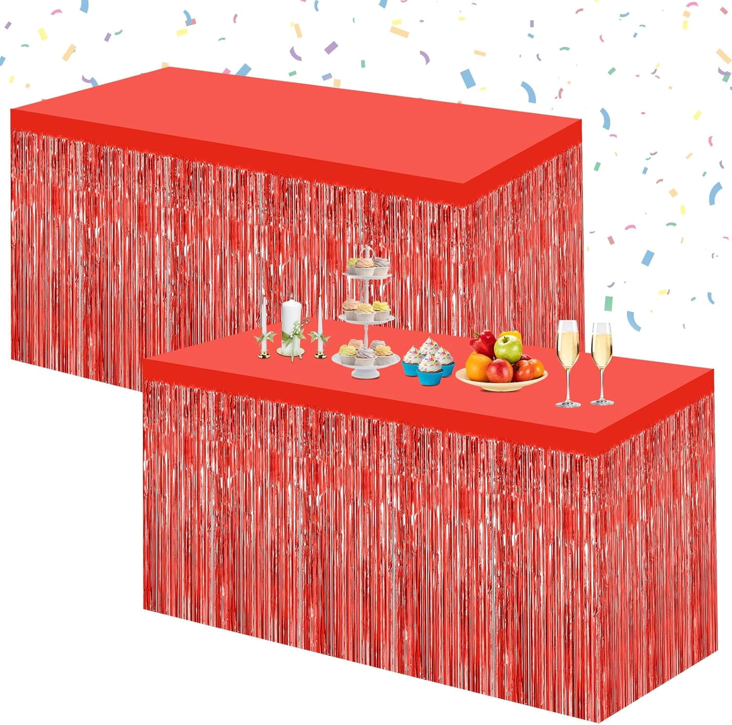 Red Foil Fringe Tinsel Table Skirts Disposable Table Skirt Banner for ...