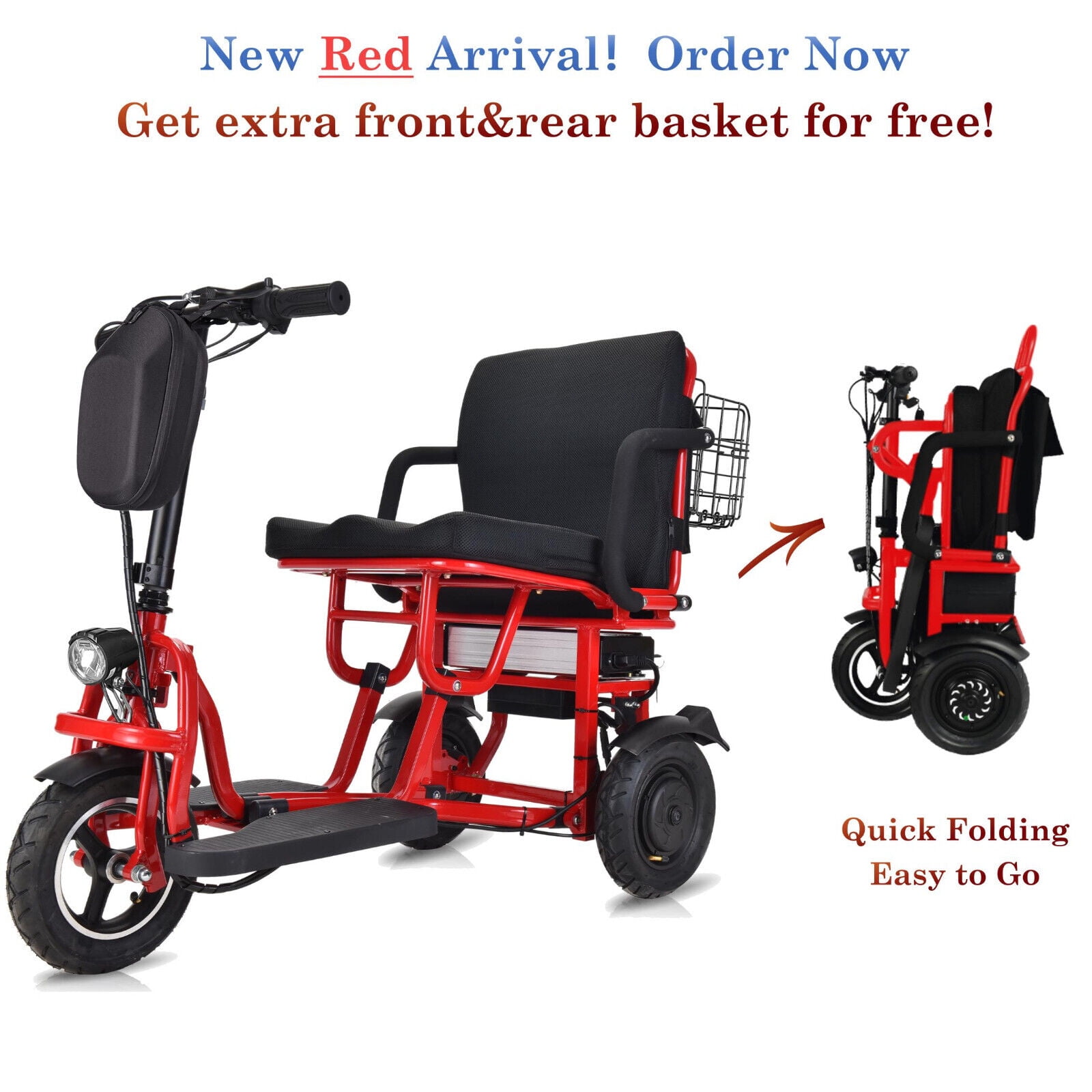 Portable Folding 700W Red 3 Wheel Mobility Scooter, Lithium Battery ...