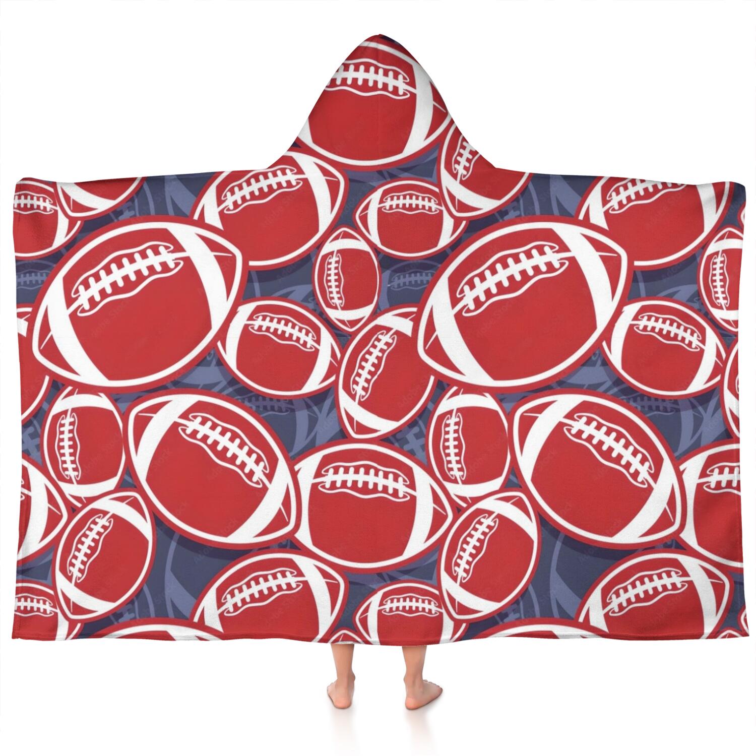 Red Footballs on Blue Pattern Hooded Bath Towel，60"x35" for Ages 3 To ...