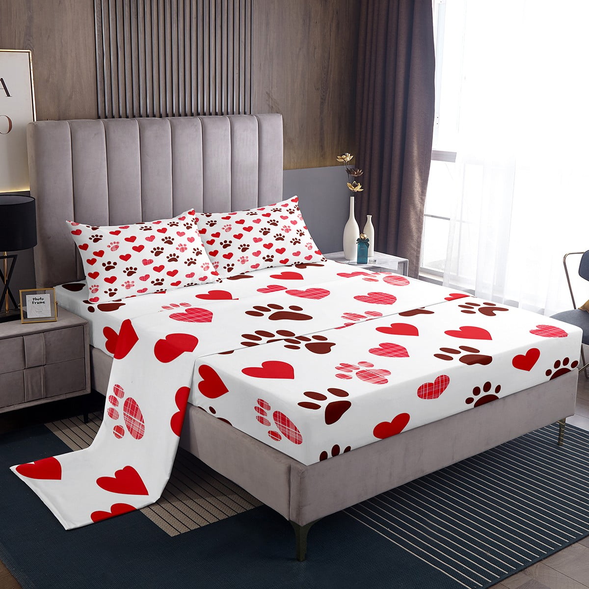 Red Footprints Bed Sheets Set Queen Dog Paw Print Sheet Set,Love Heart ...