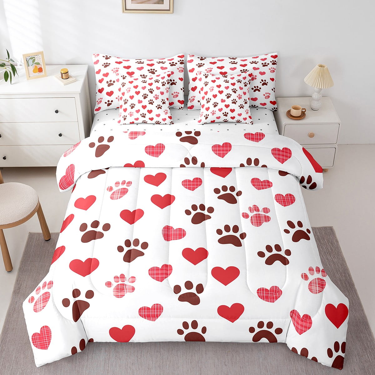 Red Footprints Bedding Set Twin Dog Paw Print 7Pcs Bed In A Bag,Love ...