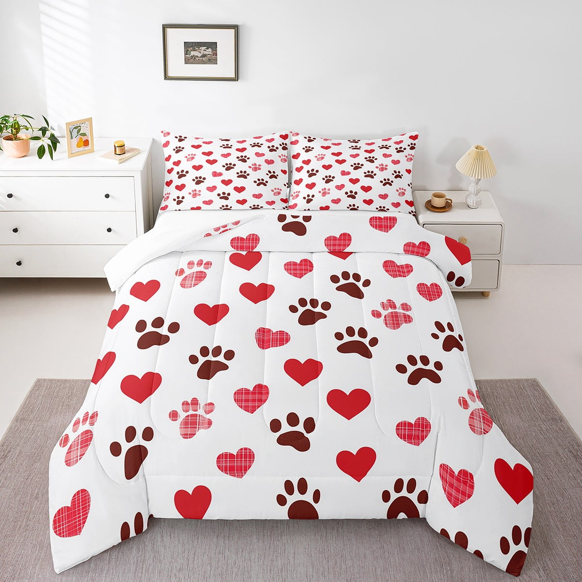 Red Footprints Bedding Sets Queen Dog Paw Print Comforter Set,Love ...
