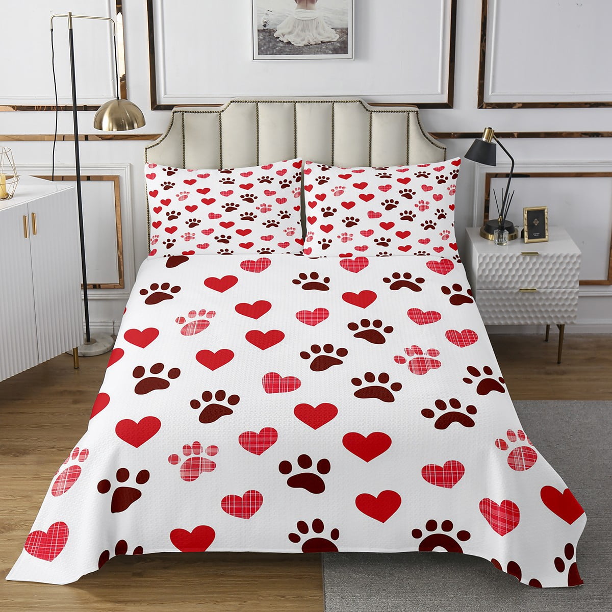 Red Footprints Quilt Set Queen Dog Paw Print Bedspread Set,Love Heart ...