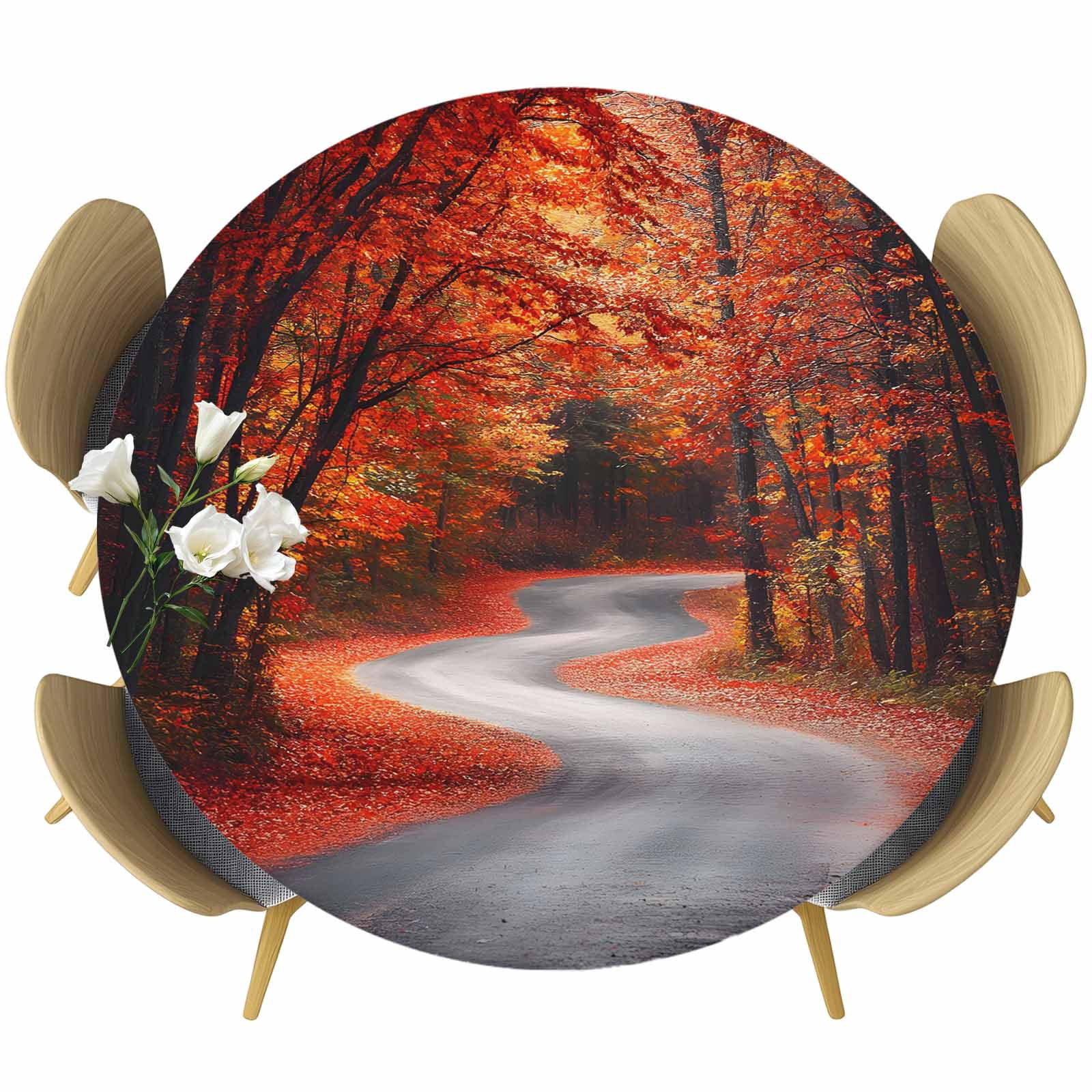 Red Forest Fall Round Tablecloth, Fitted Table Cover with Elastic for ...