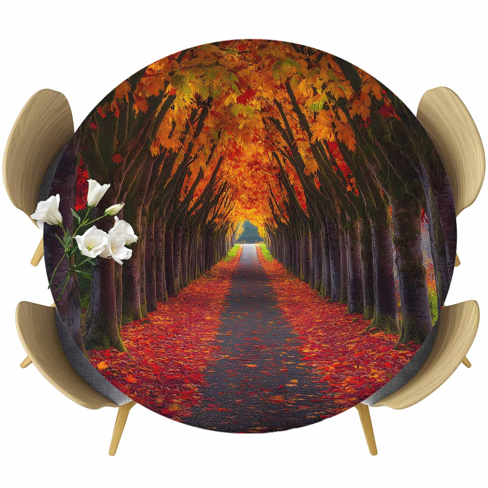 Red Forest Fall Round Tablecloth, Fitted Table Cover with Elastic for ...