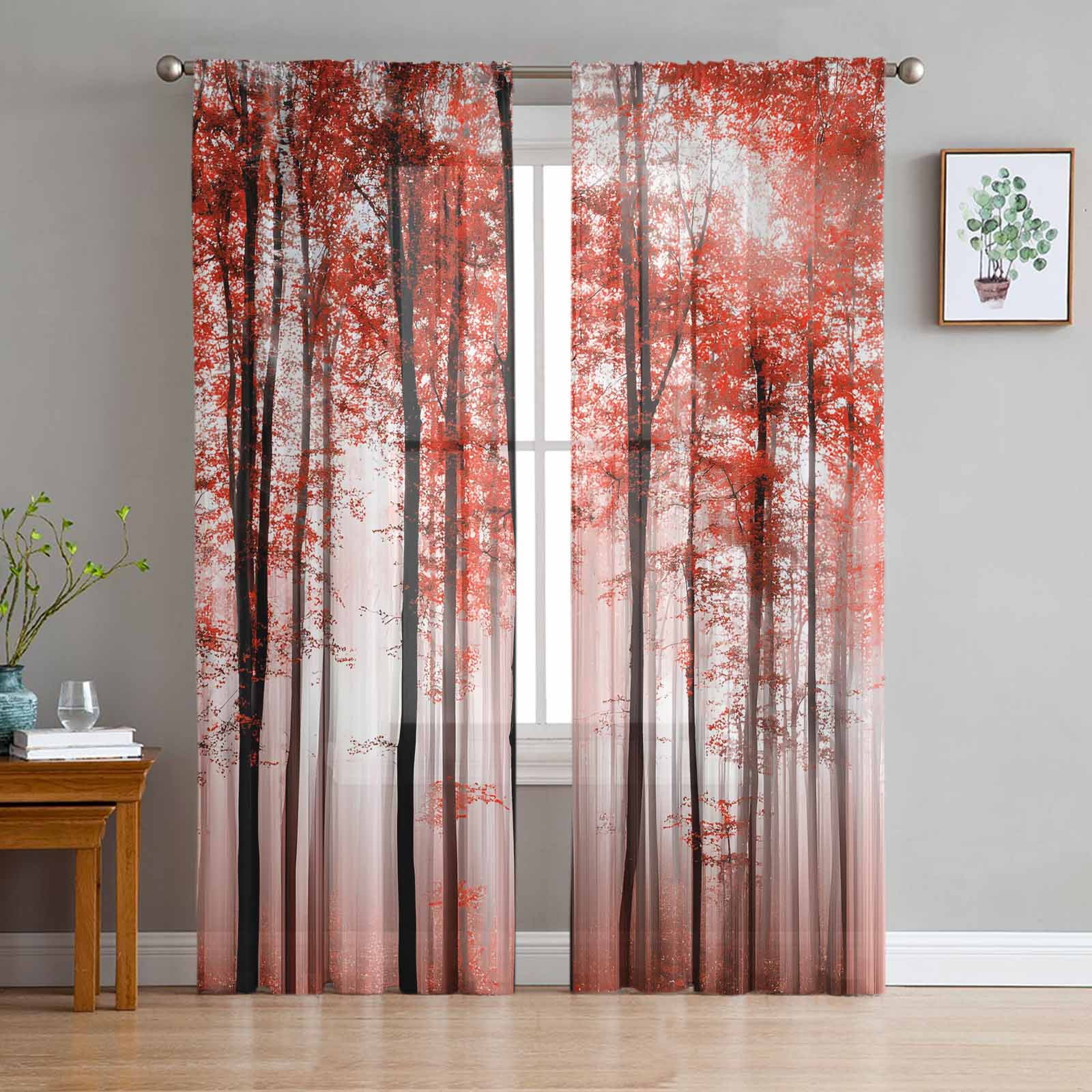 Red Forest Sheer Curtains 84 Inches Long 2 Panels Set, Window Sheer ...