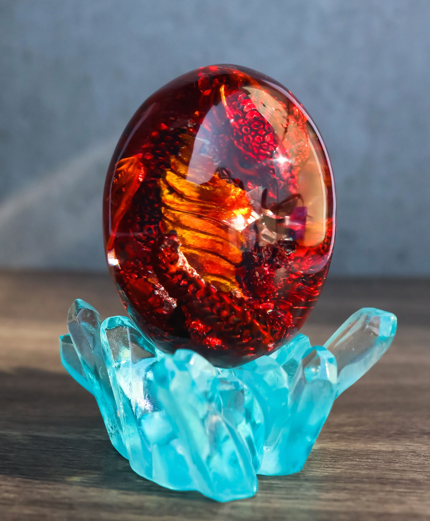 Red Fossil Dragon Hatchling Sleeping in Faux Crystal Acrylic Glass Egg ...