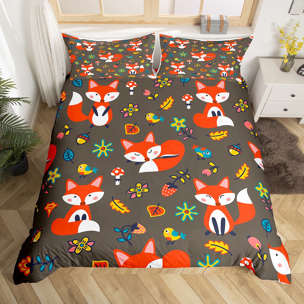 Red Fox Duvet Cover Cartoon Wild Animals Bedding Set for Kids Toddler ...