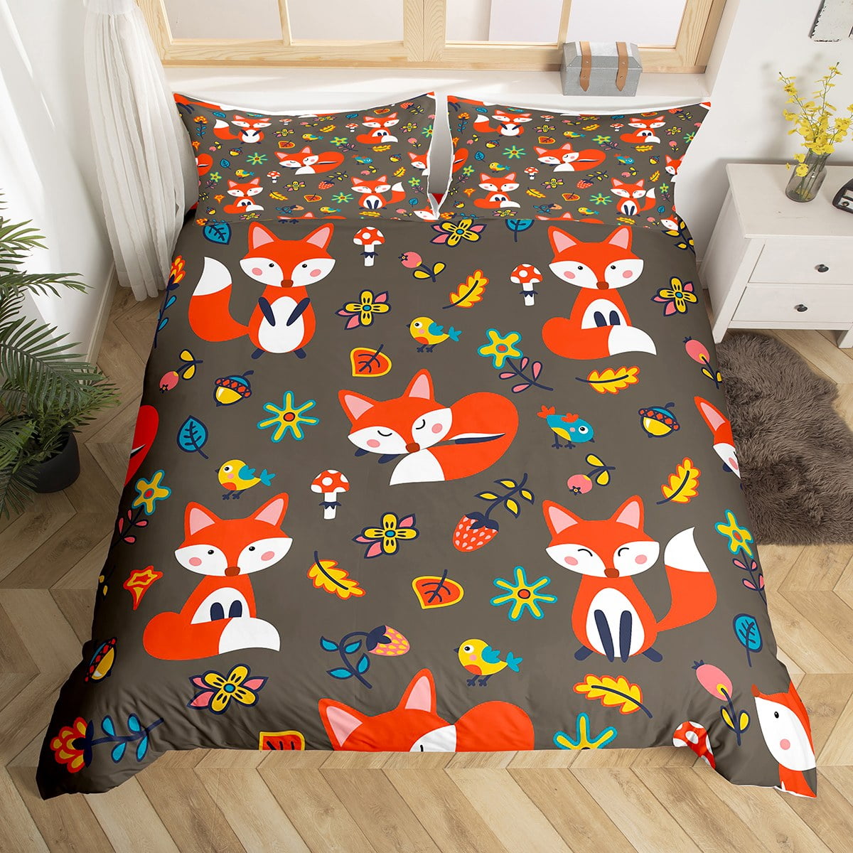 Red Fox Duvet Cover Cartoon Wild Animals Bedding Set for Kids Toddler ...