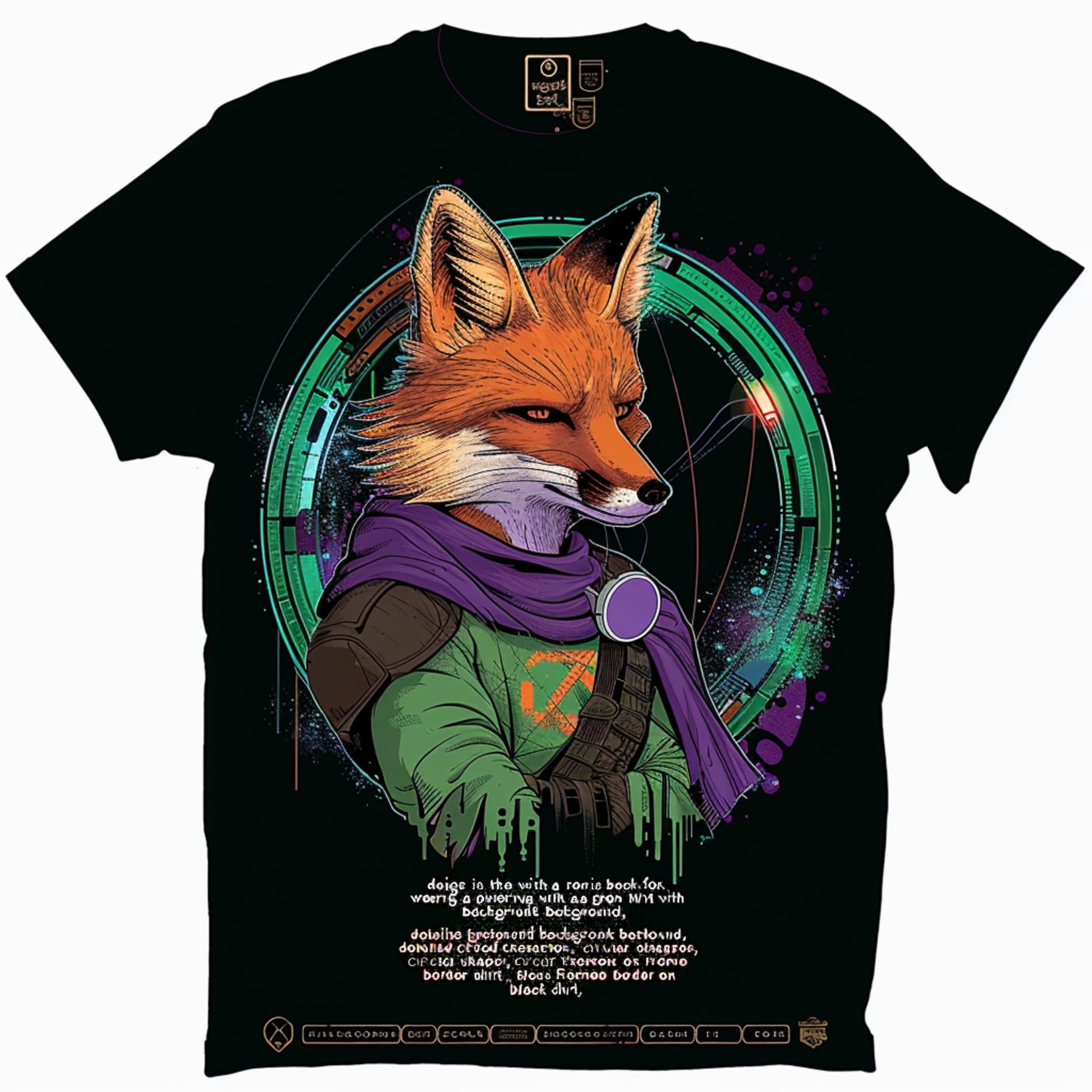 Red Fox In Purple Scarf Cyberpunk Tshirt Comic Book Style Green Tee Detailed Character Circular