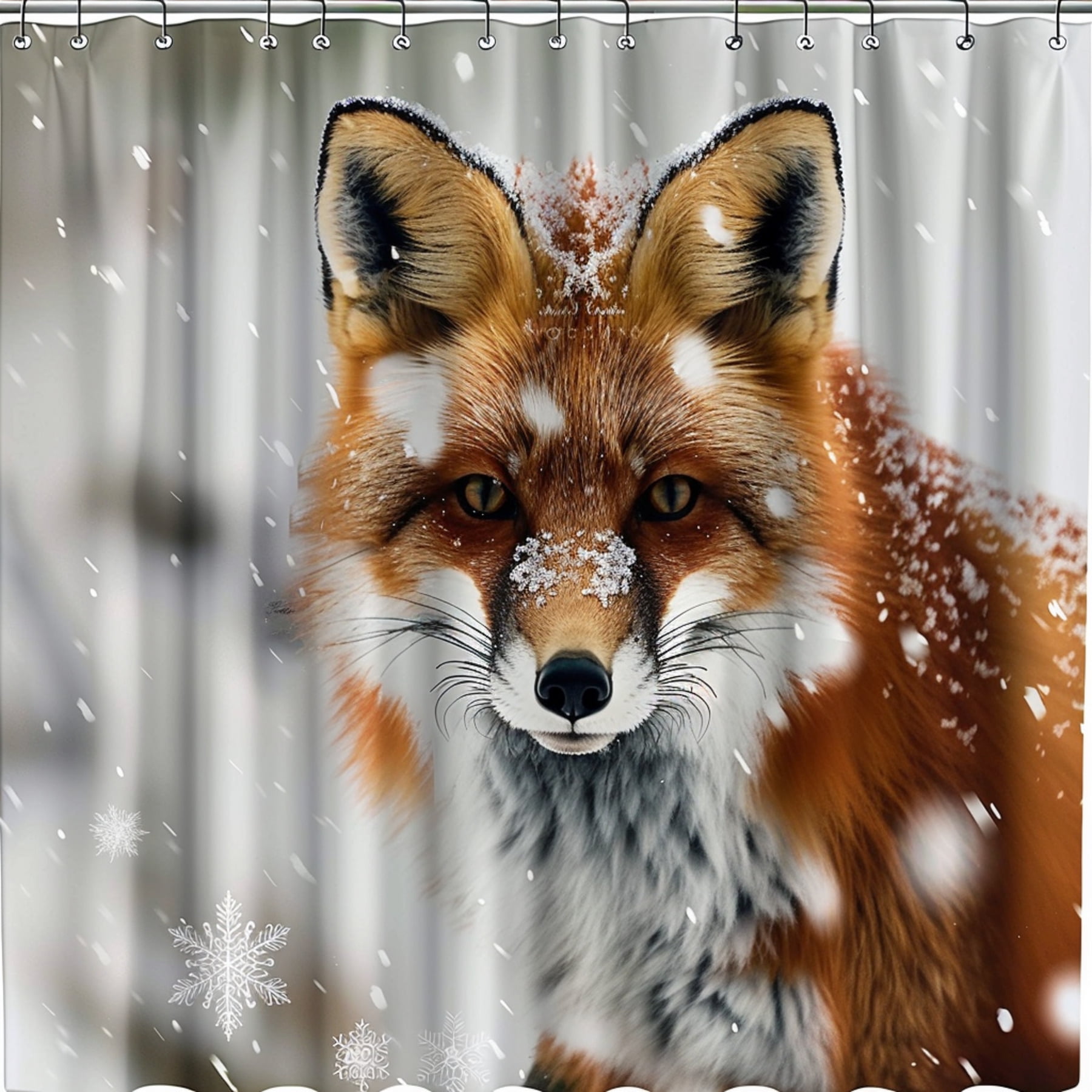 Red Fox in Snow Effect Shower Curtain with Snowflake Design Detailed ...