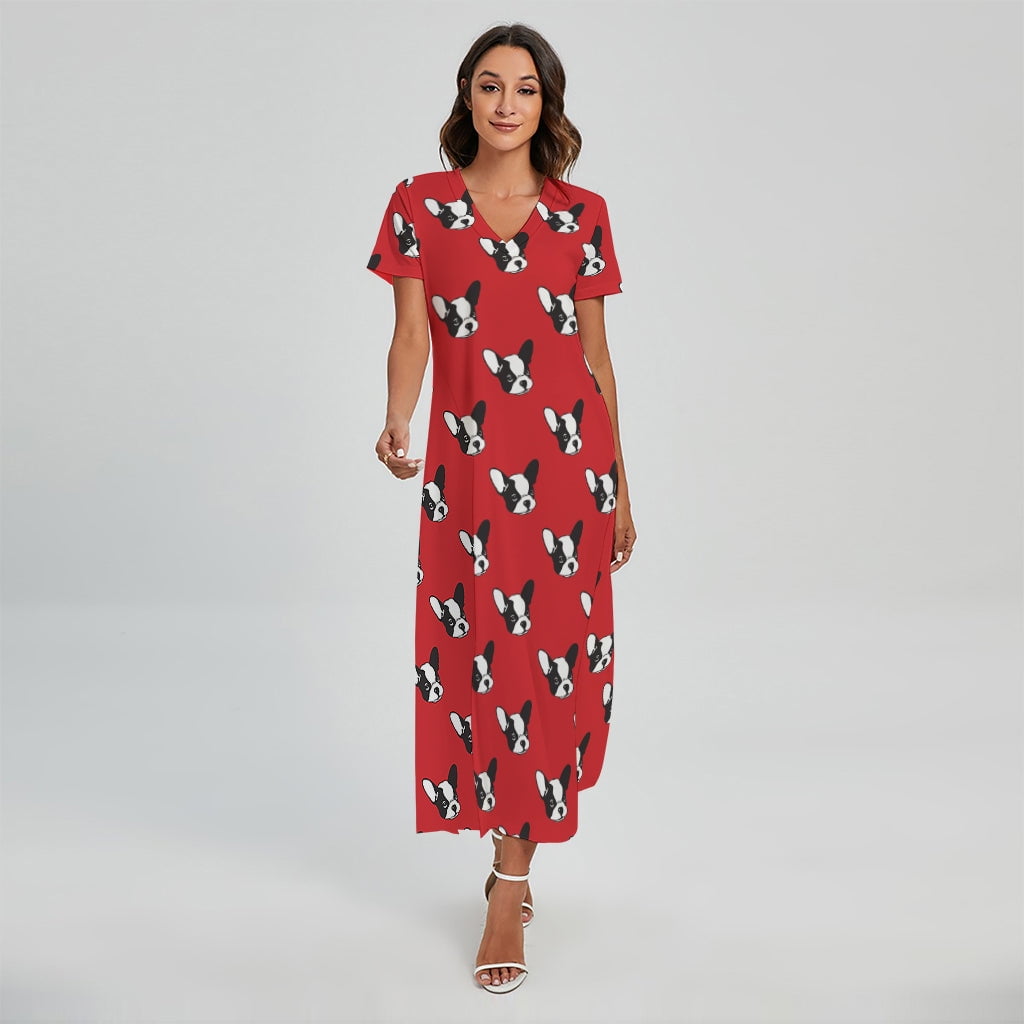 Red French Bulldog Pattern Printed Short Sleeve Maxi Dress, Dog Pet ...