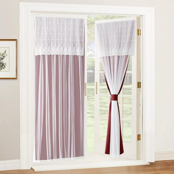 Red French Door Curtain, Blackout Window Covering with Sheer Overlay Thermal Insulated French ...