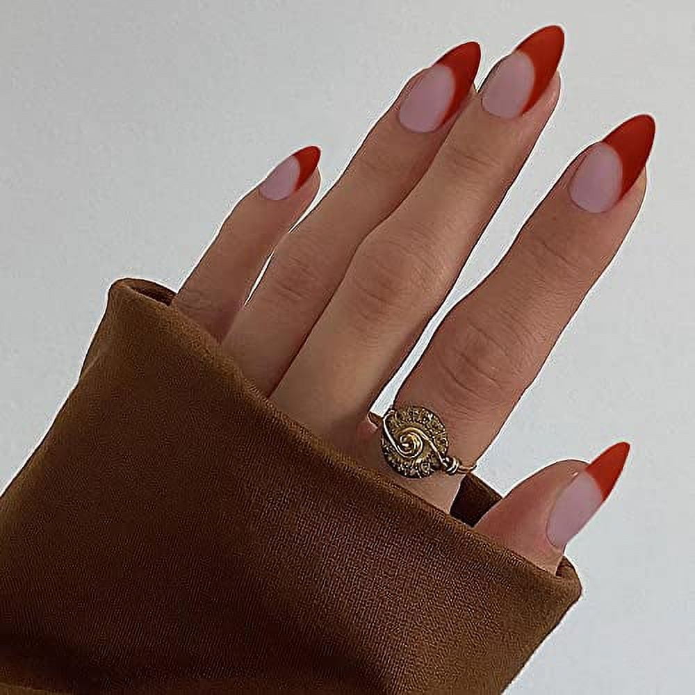 Red French Press On Nails Medium Length Matte Xcreando Nude Almond