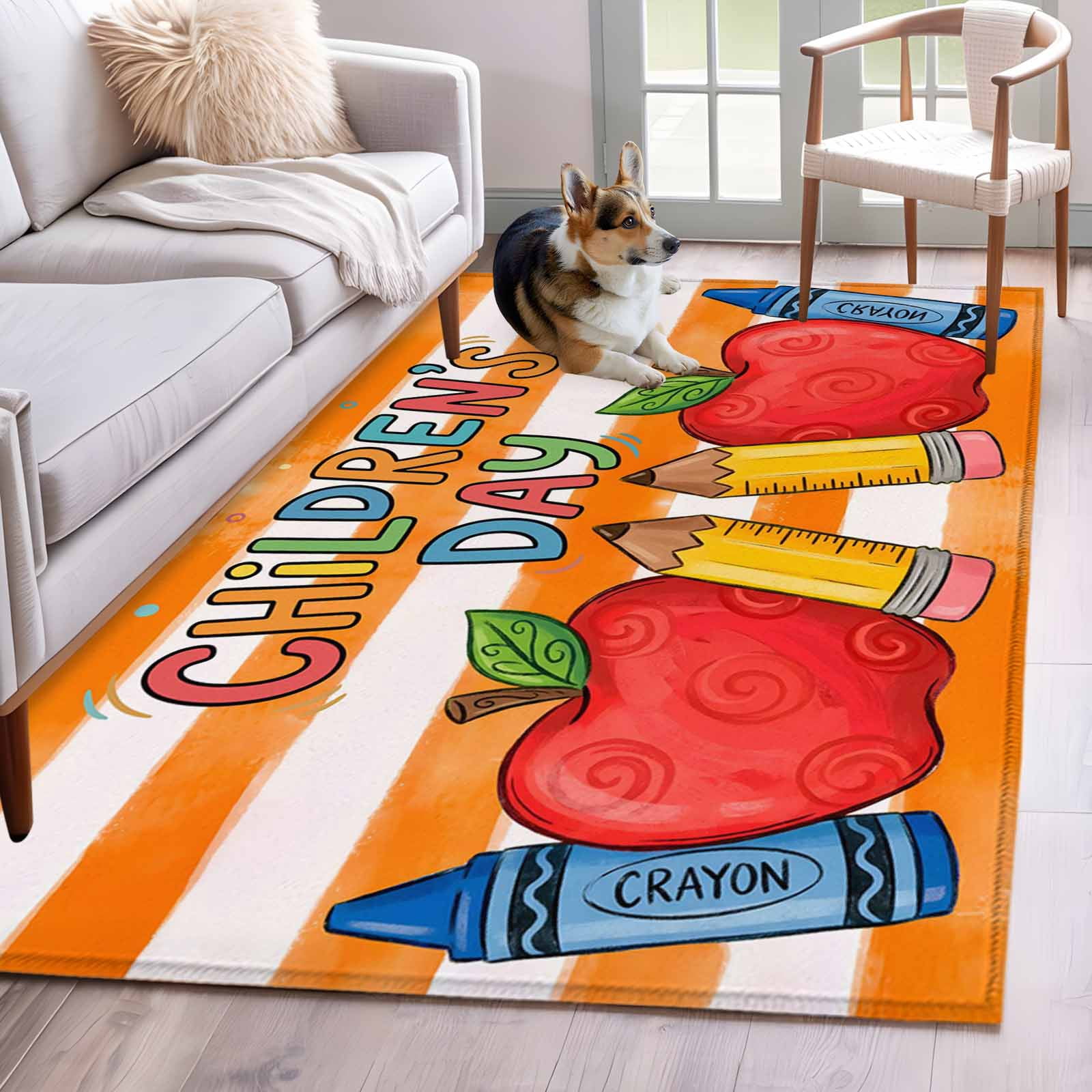 Red Fruit Area Rugs 4x6 ft Crayon Pencil Orange Stripes Childlike ...