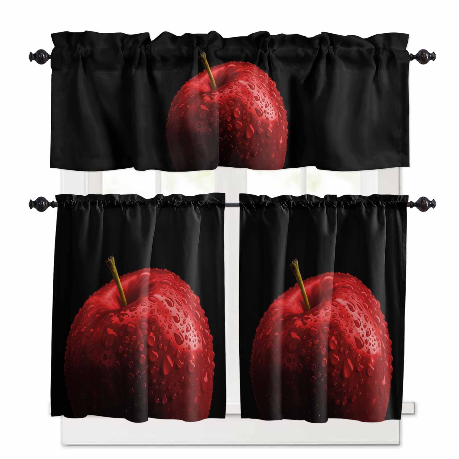 Red Fruit Kitchen Curtains Valance and Tier Set Berry Drops Black ...