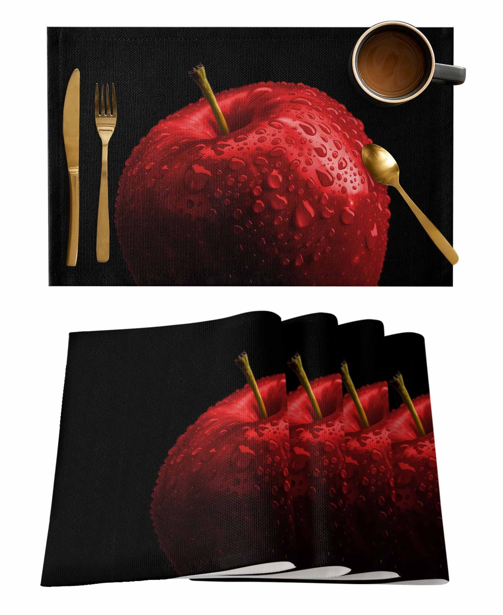 Red Fruit Placemats Set of 8 Berry Drops Black Background Modern Art ...