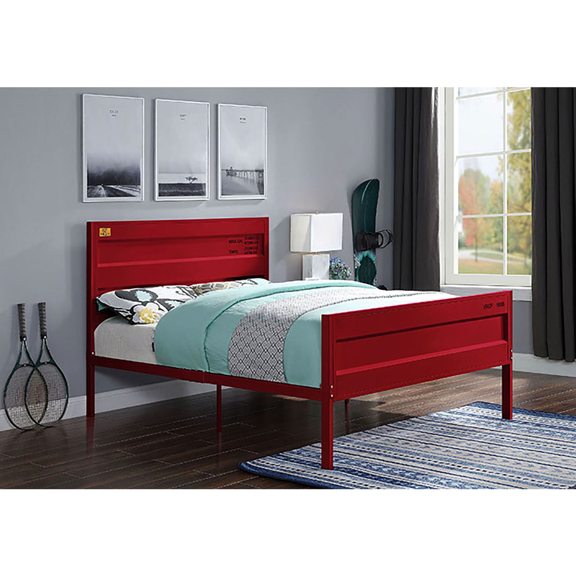 Red Full-Size Slat Bed with Industrial Cargo Container Design, 44.5x79 ...