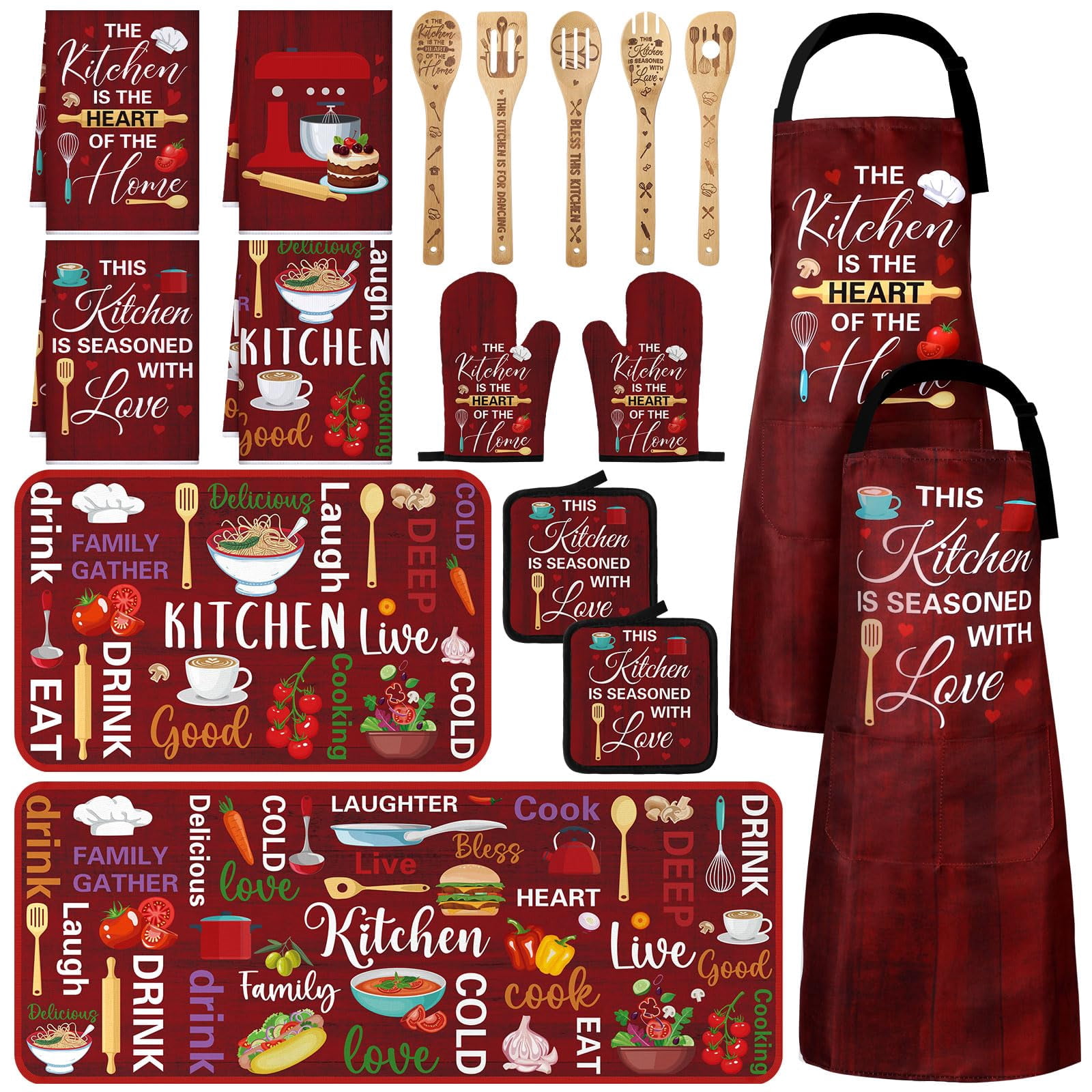 Red Fun Kitchen 17-Piece Farmhouse Kitchen Linen and Tool Accessory Set ...