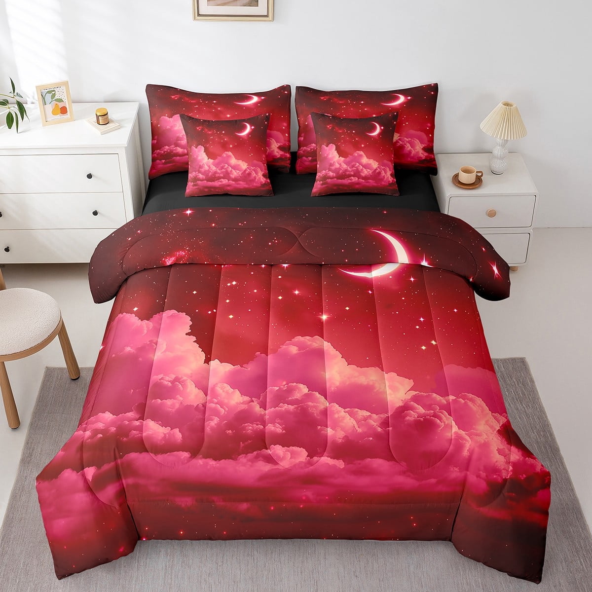 Red Galaxy Twin Bedding Set 7 Piece Starry Sky Bed In A Bag Stars Moon ...