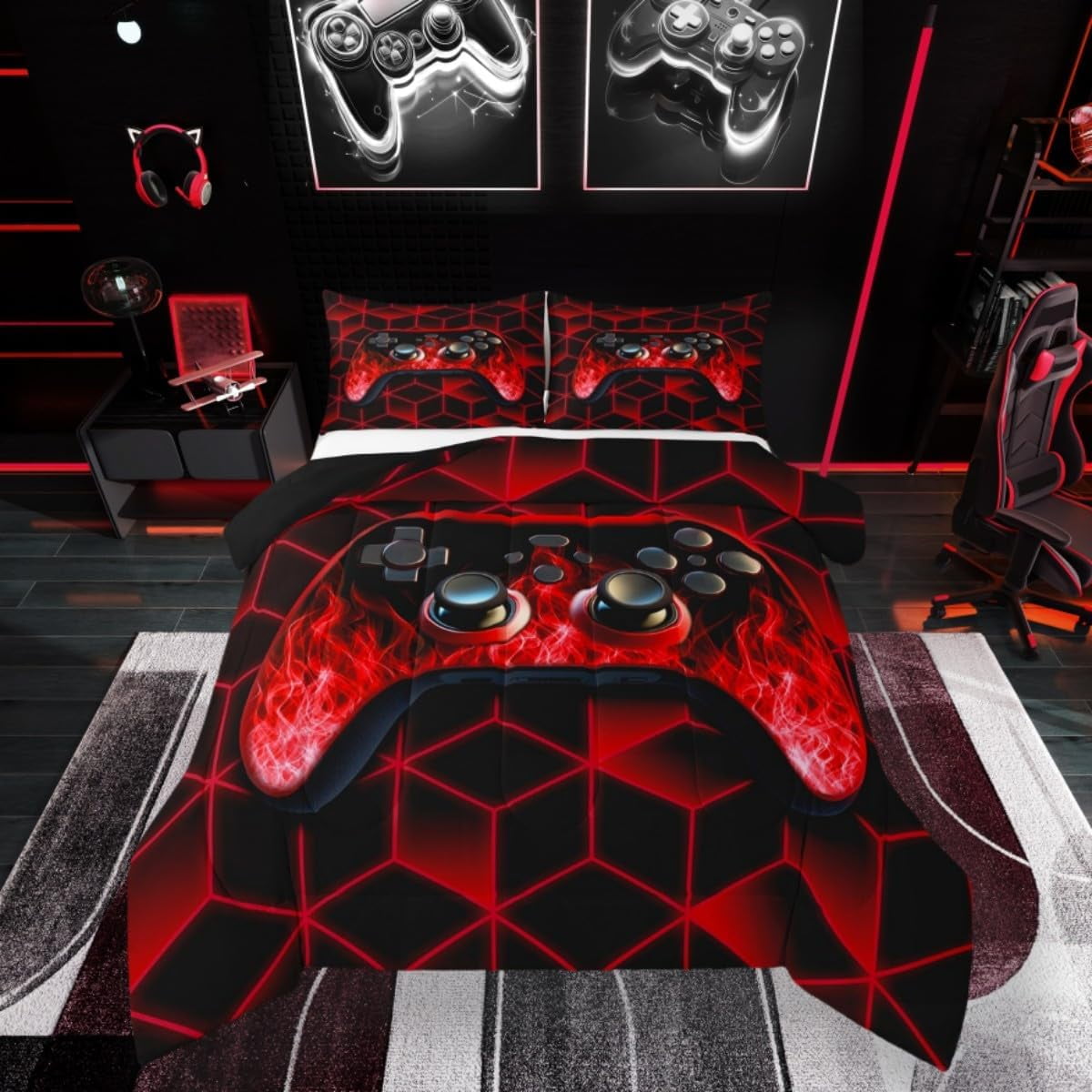 Red Gaming Bedding Set - Neon Geometry Kids Comforter with 3D Geometric ...