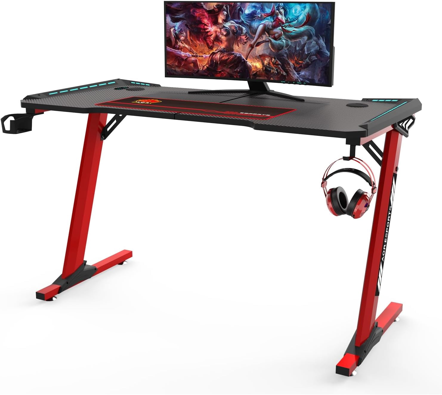Red Gaming Desk with LED Lights 120 * 60 cm, Z-Shaped Carbon Fibre ...