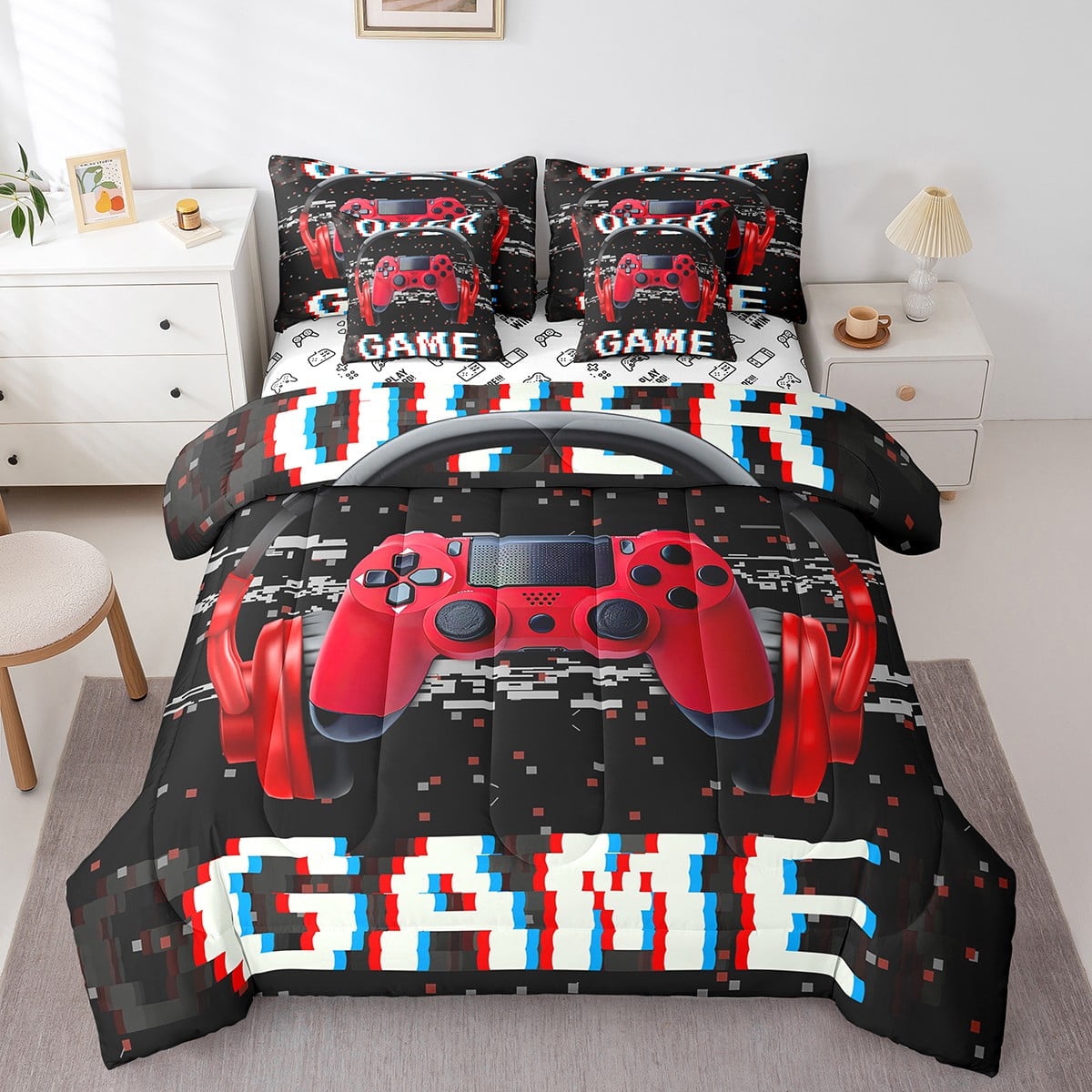 Red Gaming Headset Bed in a Bag Queen Comforter Set 7 Piece,Pc Gamer ...