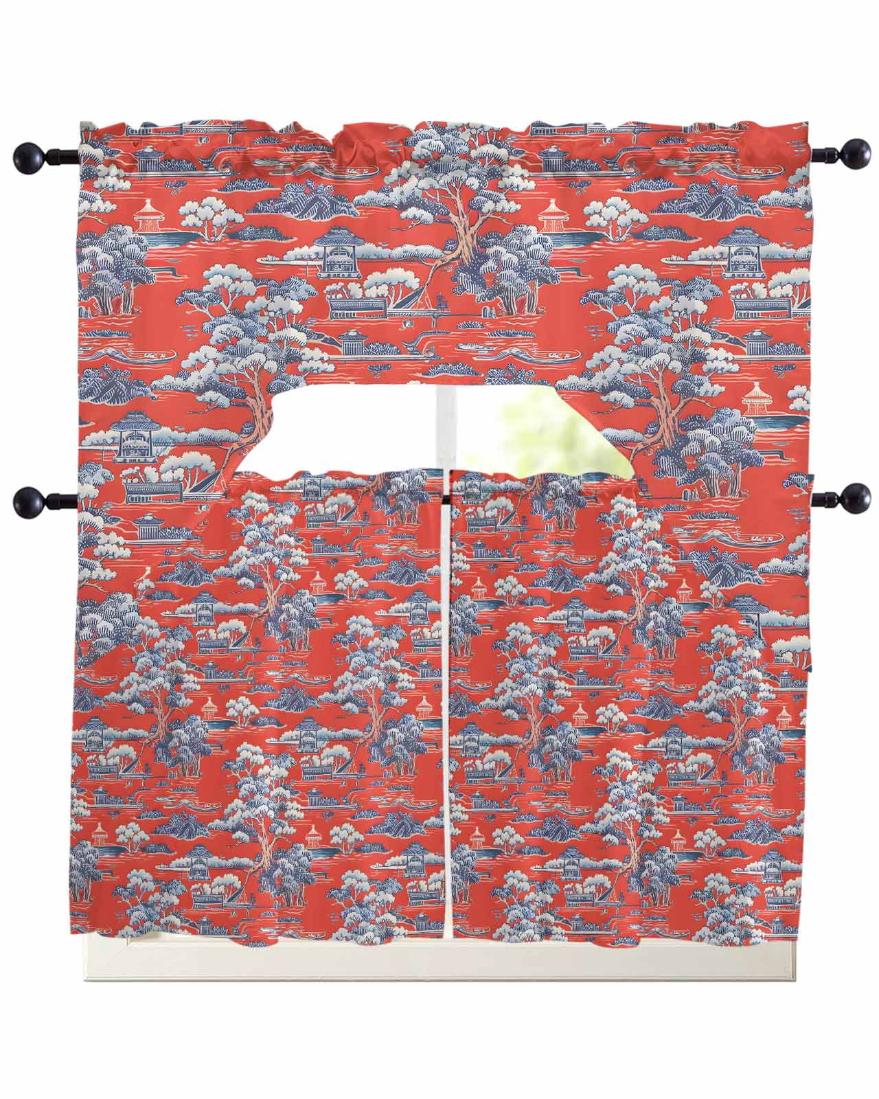 Red Garden Kitchen Curtains Swag Valance and Tier Curtains Set 24 Inch ...